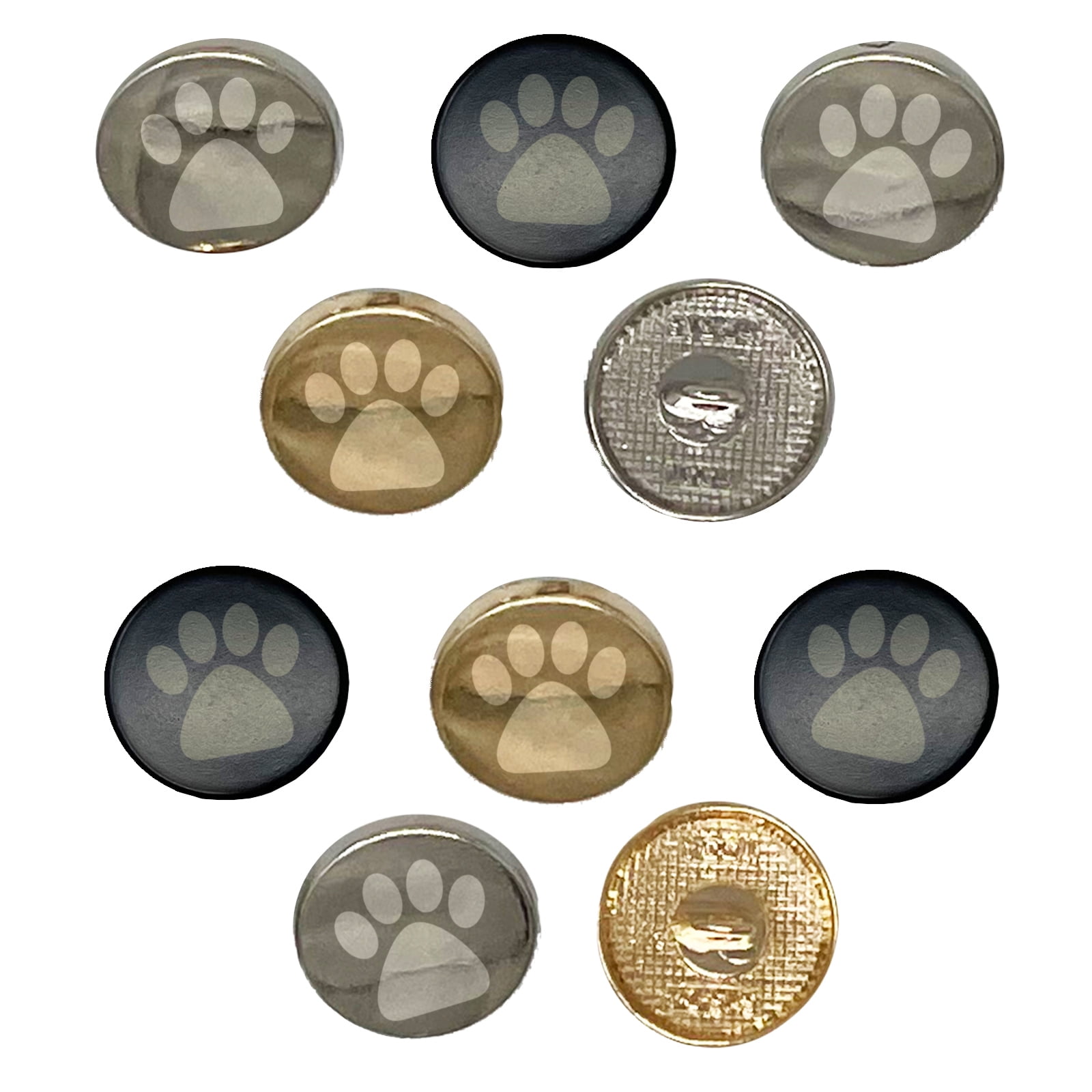 Paw Print Solid Set of 10 Metal 0.6" (15mm) Sewing Shank Round Buttons ...