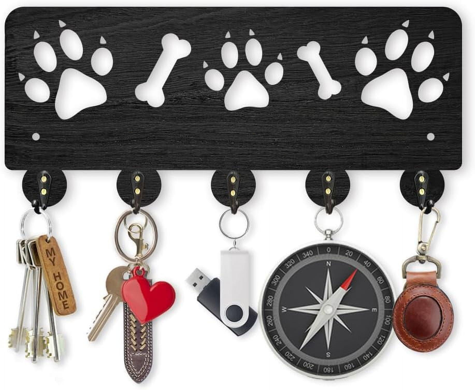 Paw Print Wall Key Holder with 5 Hooks - 11.8x5.2 Inch Wood Dog Key ...