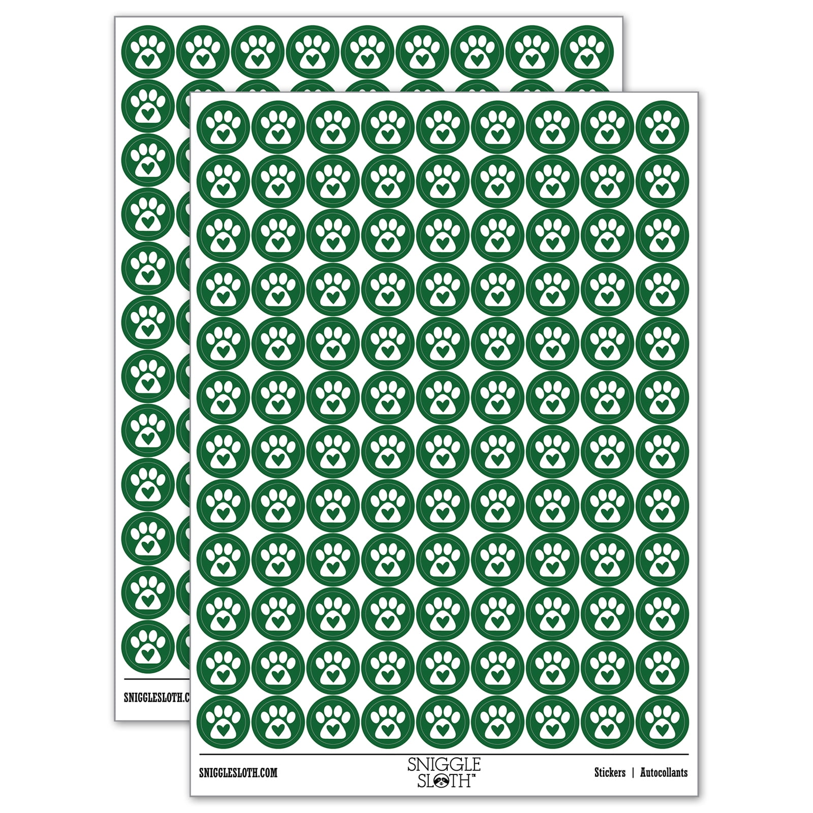 Paw Print with Heart Dog 200+ Round Stickers - Dark Green - Gloss ...