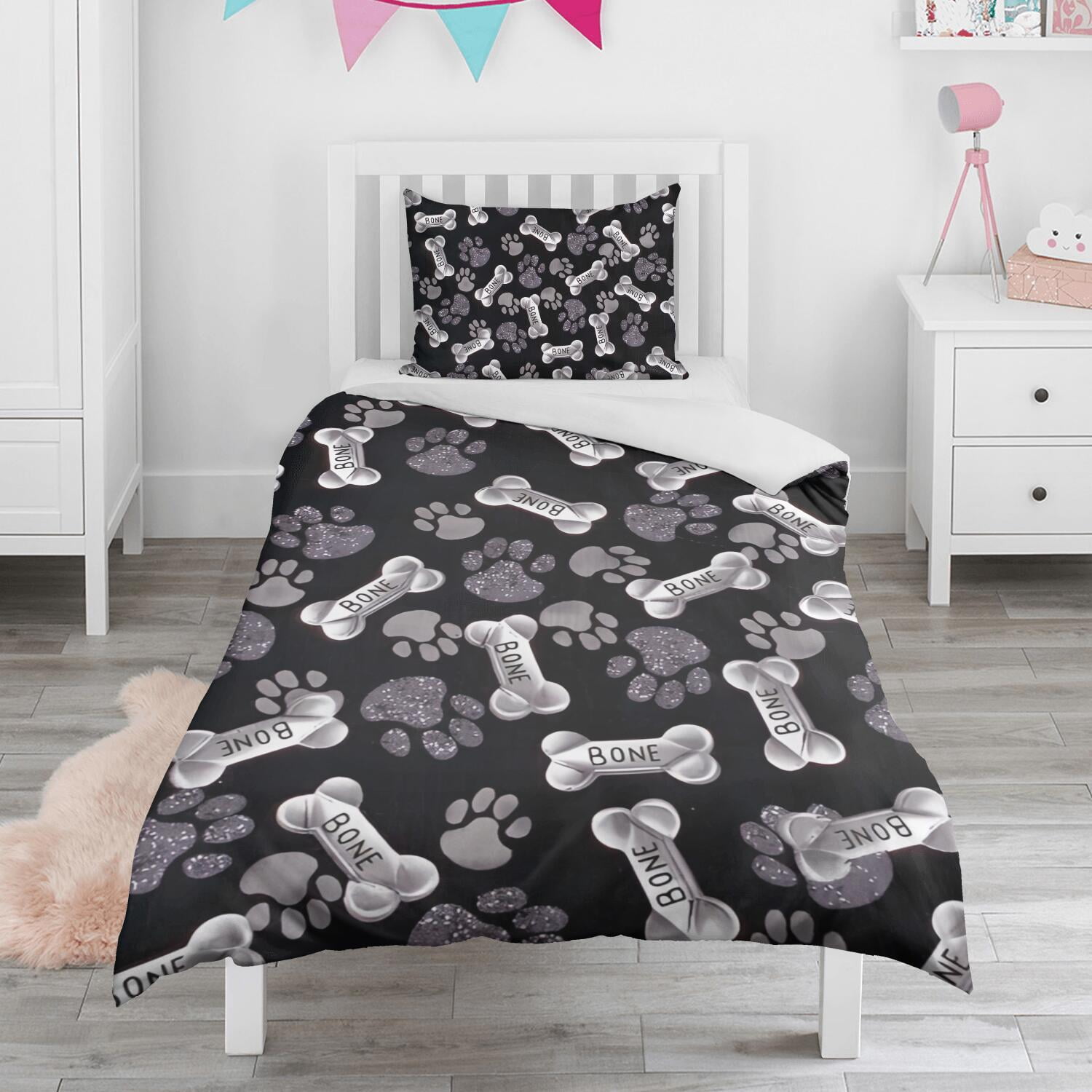 Paw Prints and Bones Duvet Cover and Pillowcase Set for Single Bedding ...