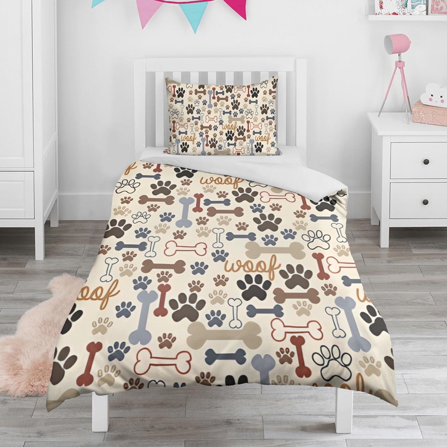 Paw Prints and Bones Duvet Cover and Pillowcase Set for Single Bedding ...
