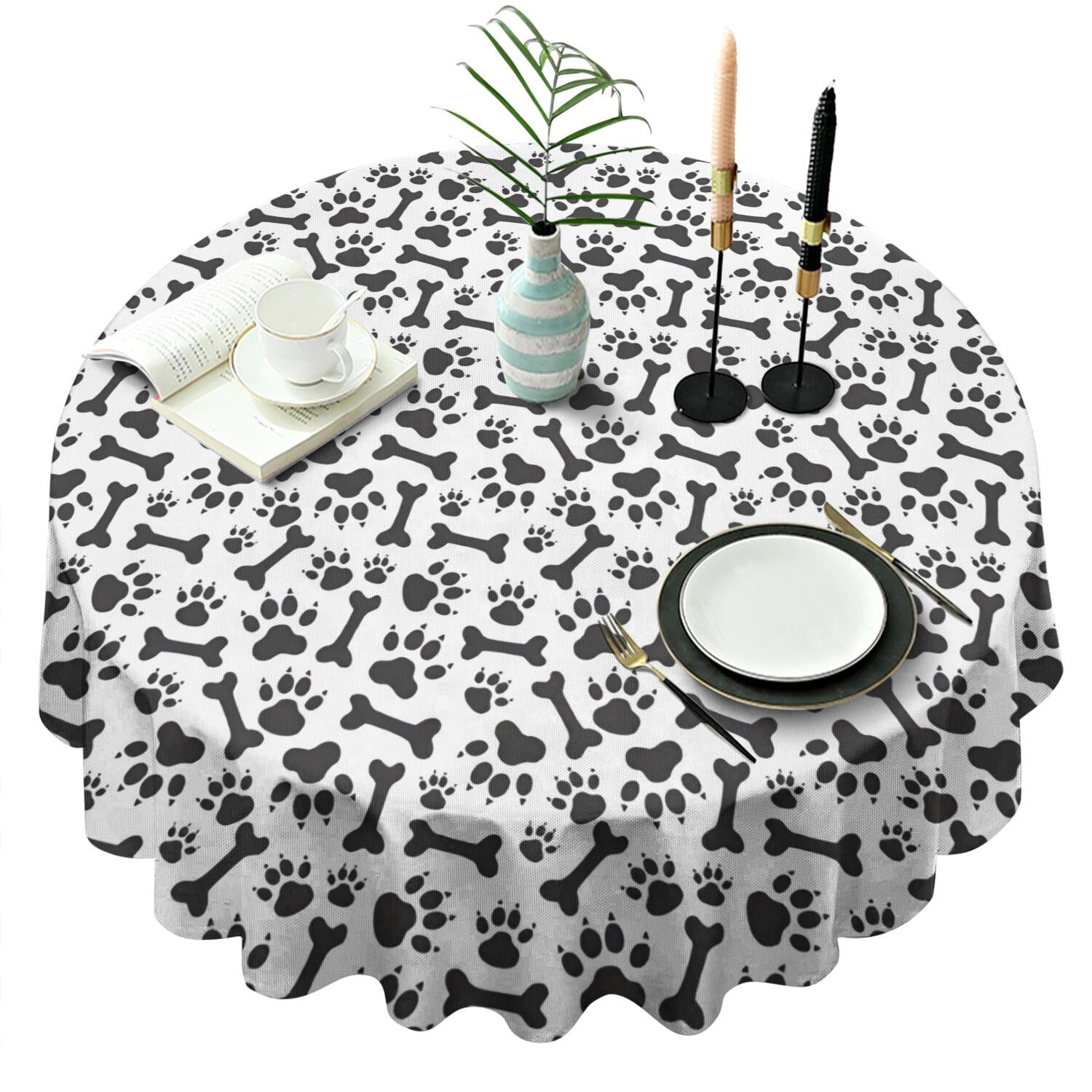 Paw Prints and Bones Round Tablecloth 60"x60",Wrinkle Wipeable Table ...