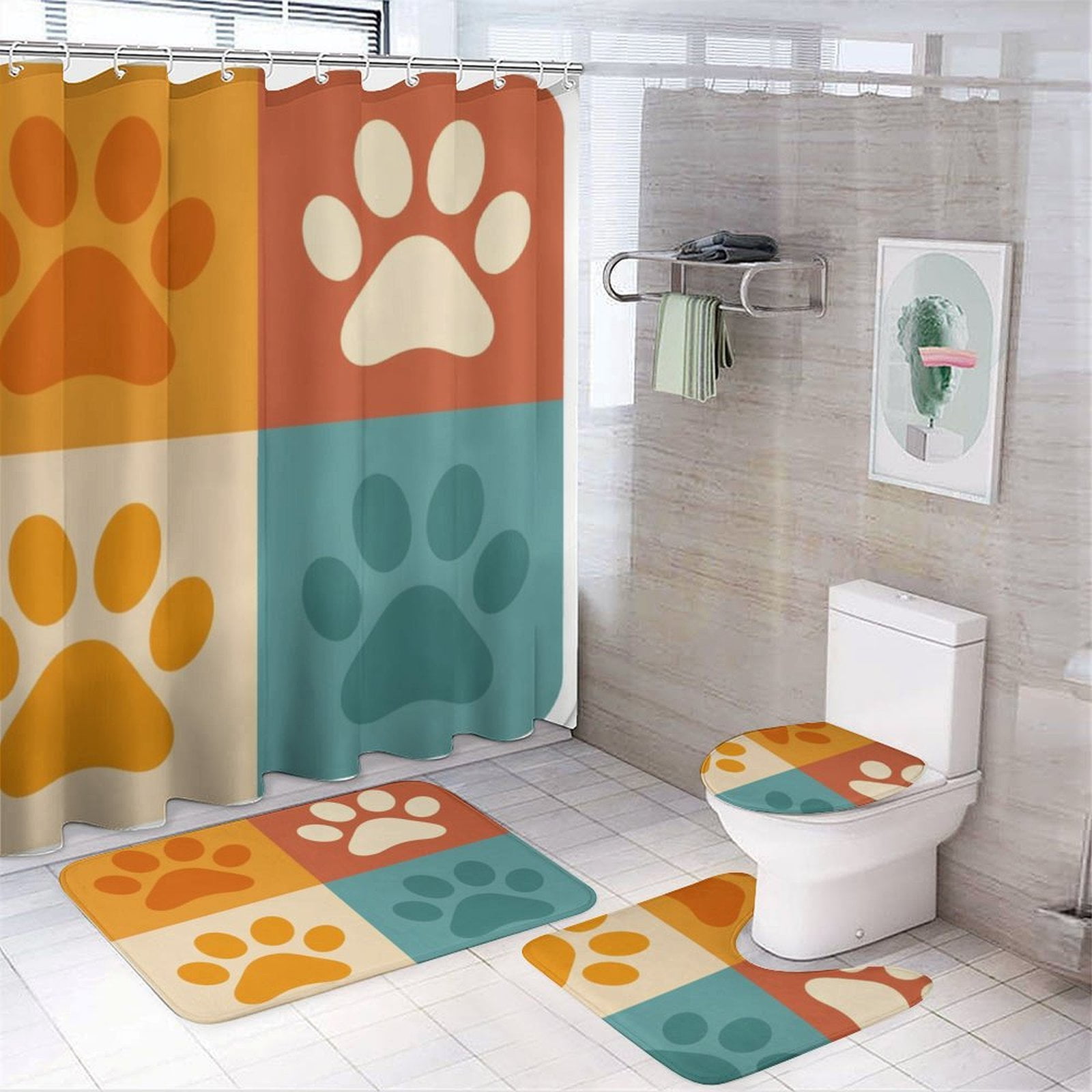 Paw Prints in Quadrants 4 Pcs Bathroom Shower Curtain Set, Bathroom ...
