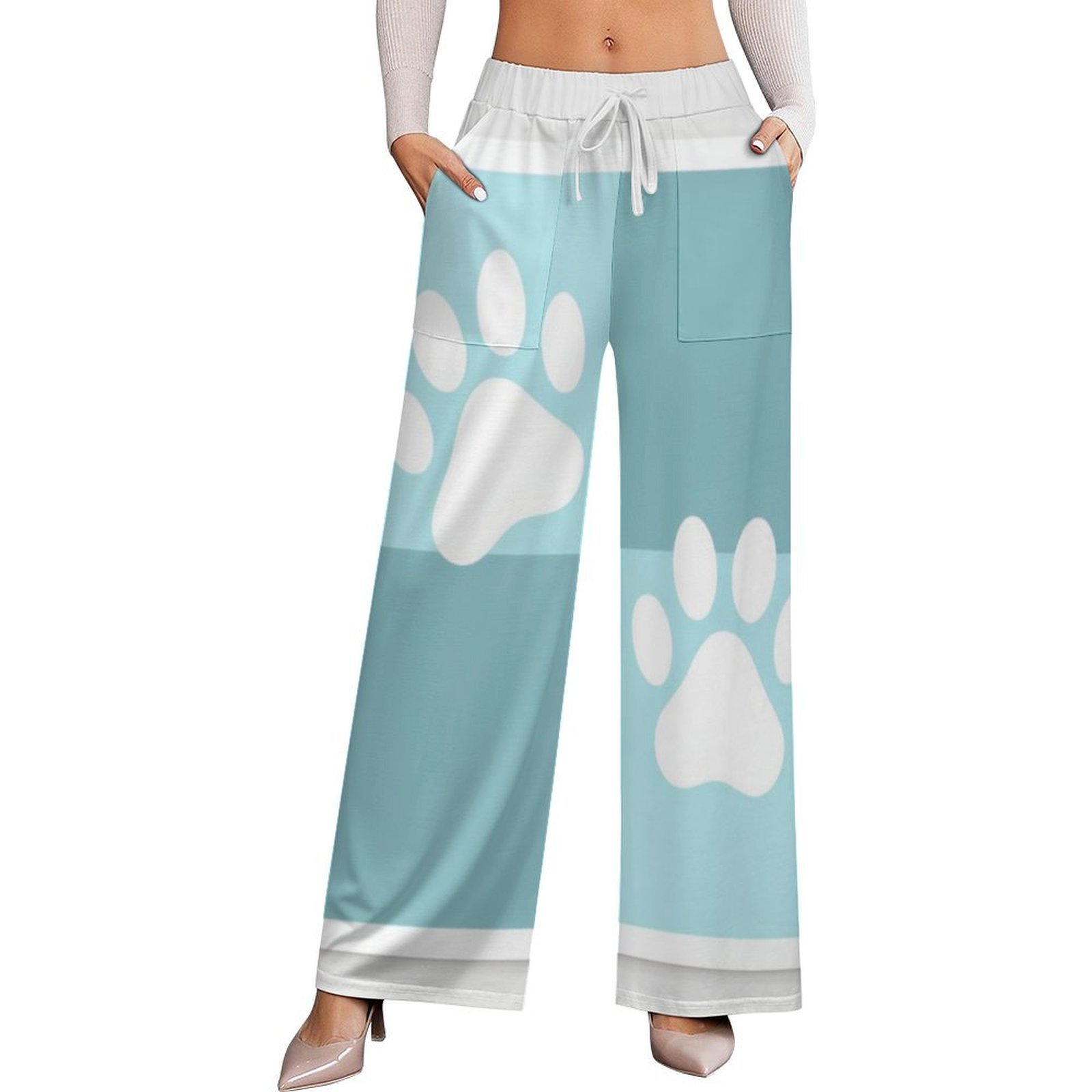 Paw Prints on Blue Squares Women's Casual Wide Leg Pants Comfort ...