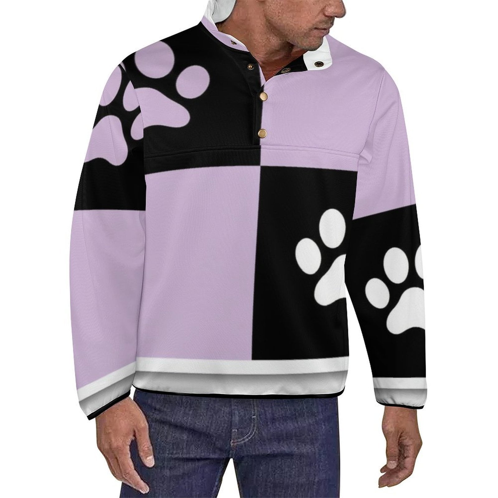 Paw Prints on Checkered Background Men's Stand Collar Sweater Long ...
