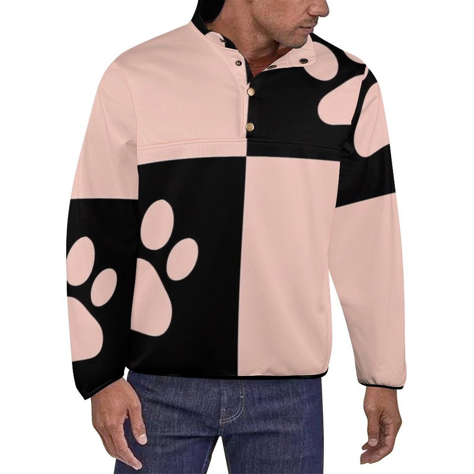 Paw Prints on Checkered Pattern Men's Stand Collar Sweater Long Sleeve ...