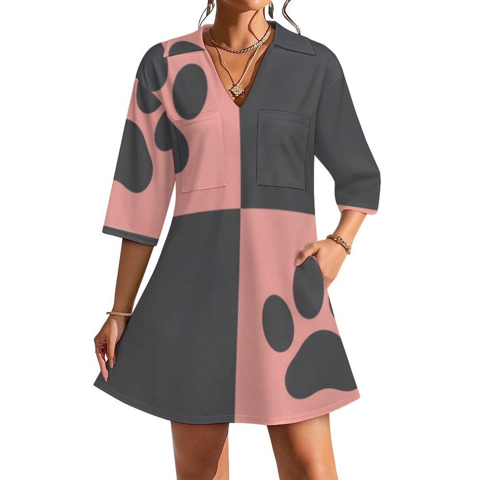 Paw Prints on Checkered Pattern Womens Dress With Pockets Summer V Neck ...