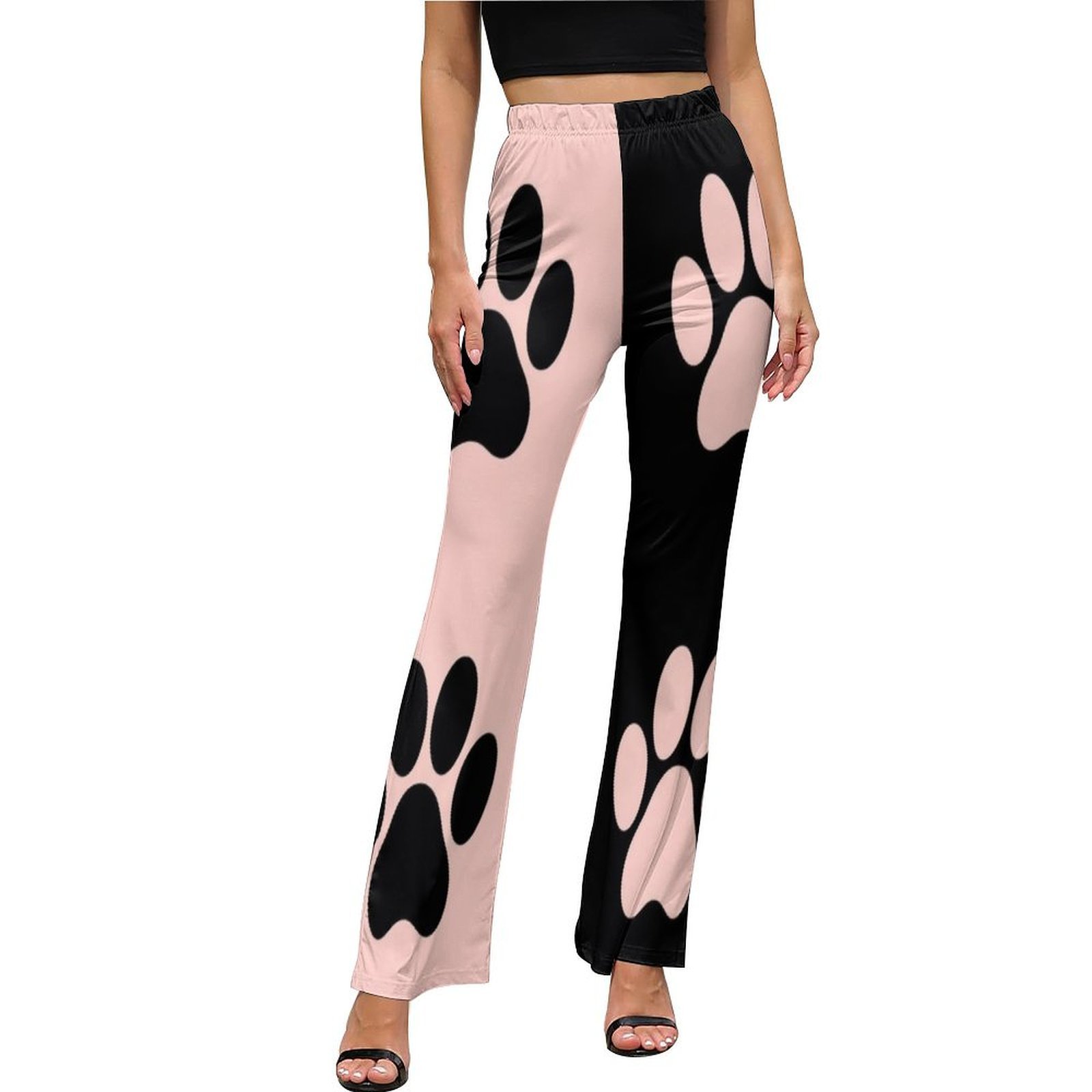Paw Prints with Color Contrast High Waisted Casual Flared Trousers ...