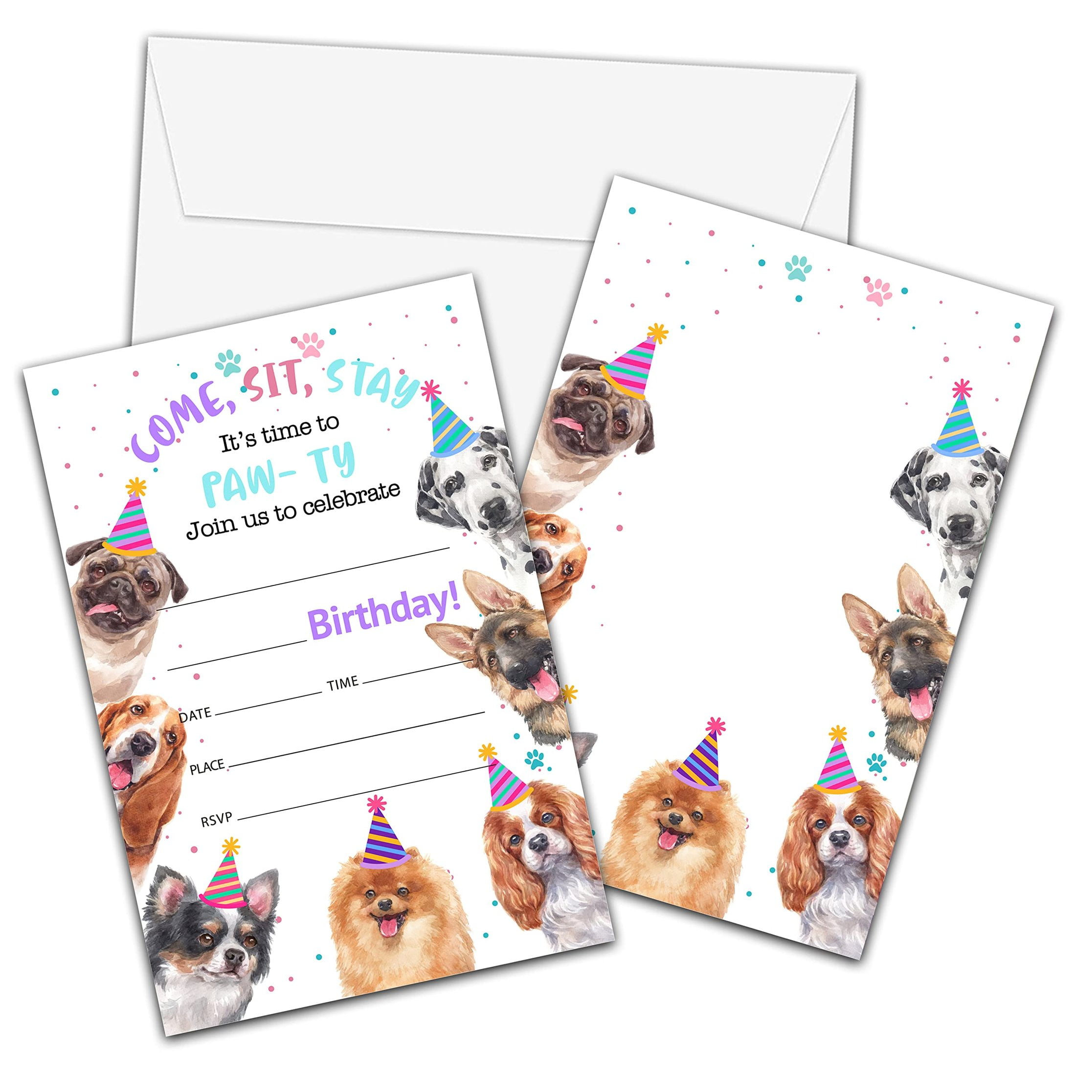 Paw-ty Time Dog Birthday Invitations with Envelopes - Adorable Fill-in ...