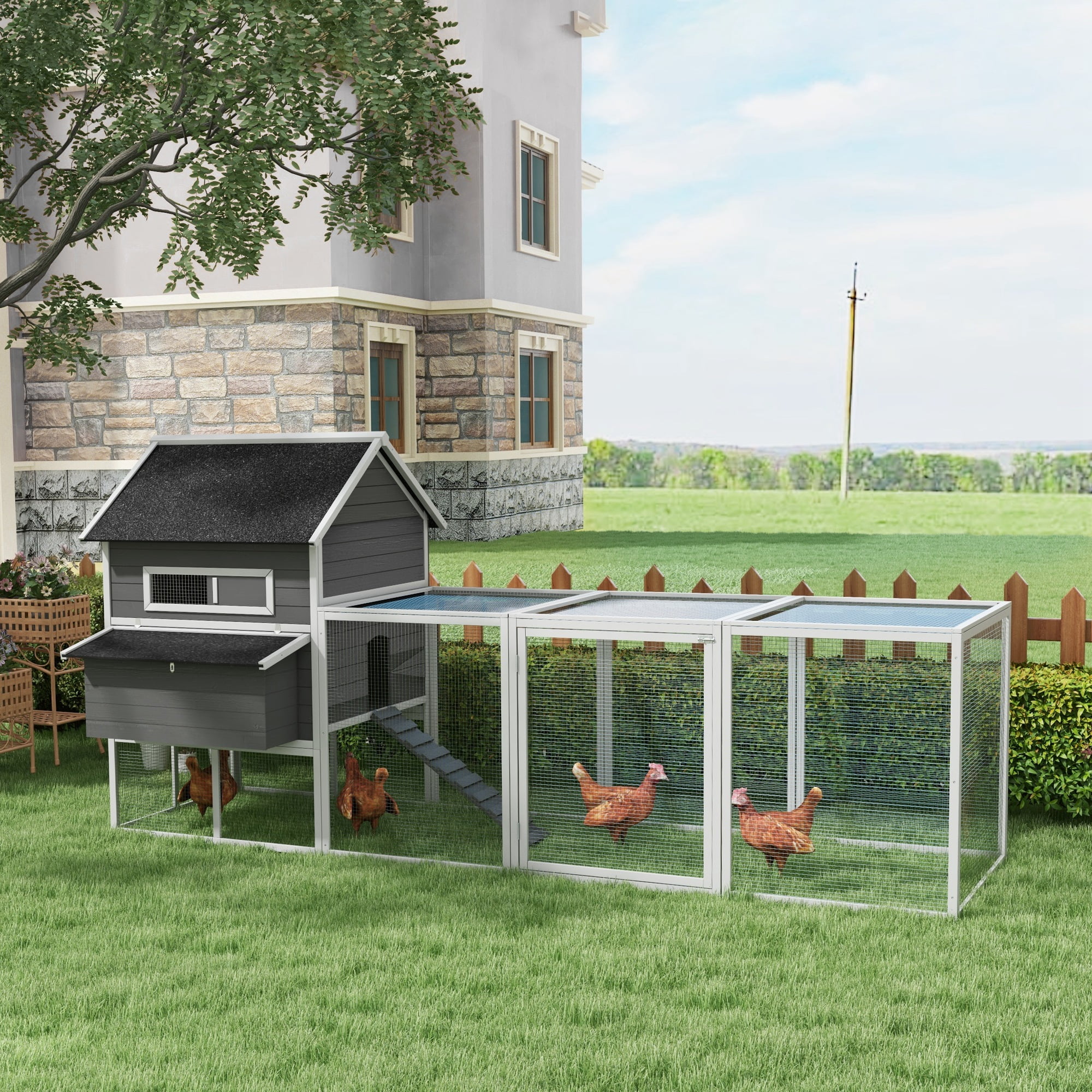 PawHut Predator Proof Wooden Chicken Coop for 8-10 Chickens, Backyard ...