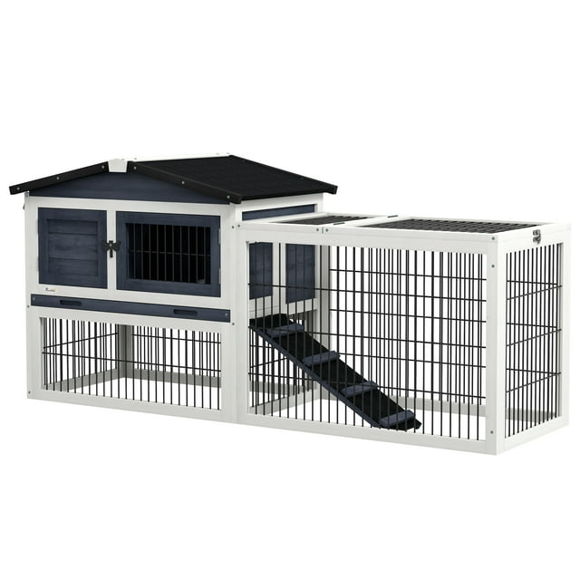 PawHut 2 Level 59" Outdoor Rabbit Hutch with Openable Top, Dark Gray ...