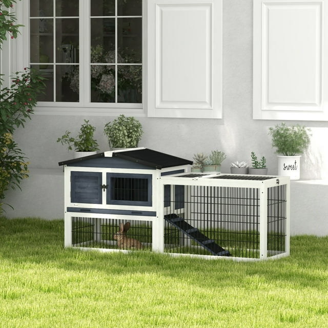 "PawHut Large Rabbit Hutch, 2 Level 59"" Cage, Outdoor with Openable ...