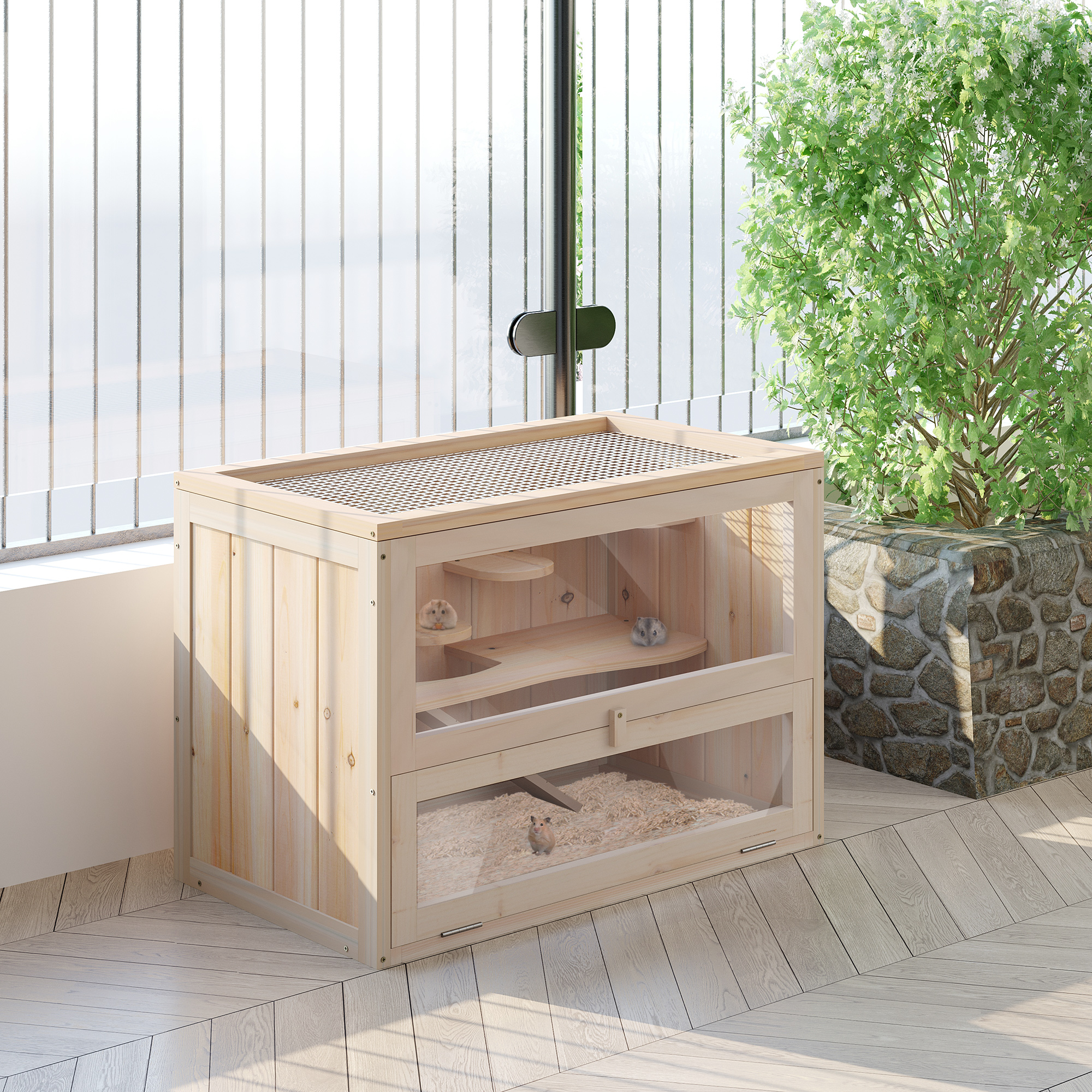 Pawhut Large Indoor Wooden 3-Tier Hamster Habitat with Seesaw, Natural ...