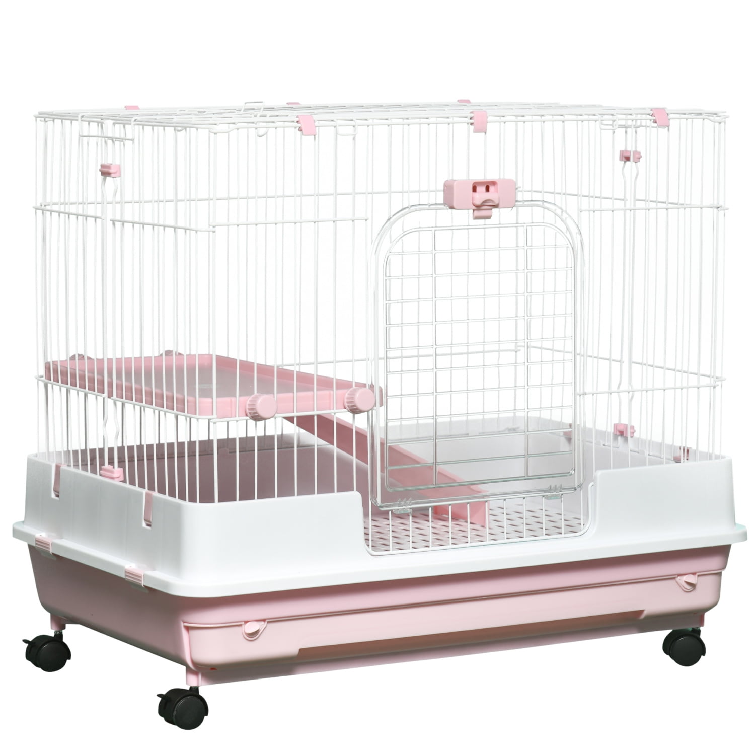 PawHut 2-Level Small Animal Cage Rabbit Hutch with Wheels Removable ...