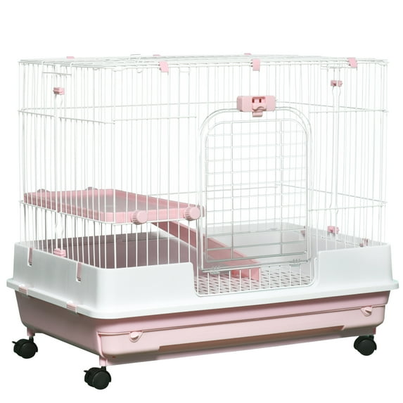 PawHut 2-Level Small Animal Cage Rabbit Hutch with Wheels, Removable ...