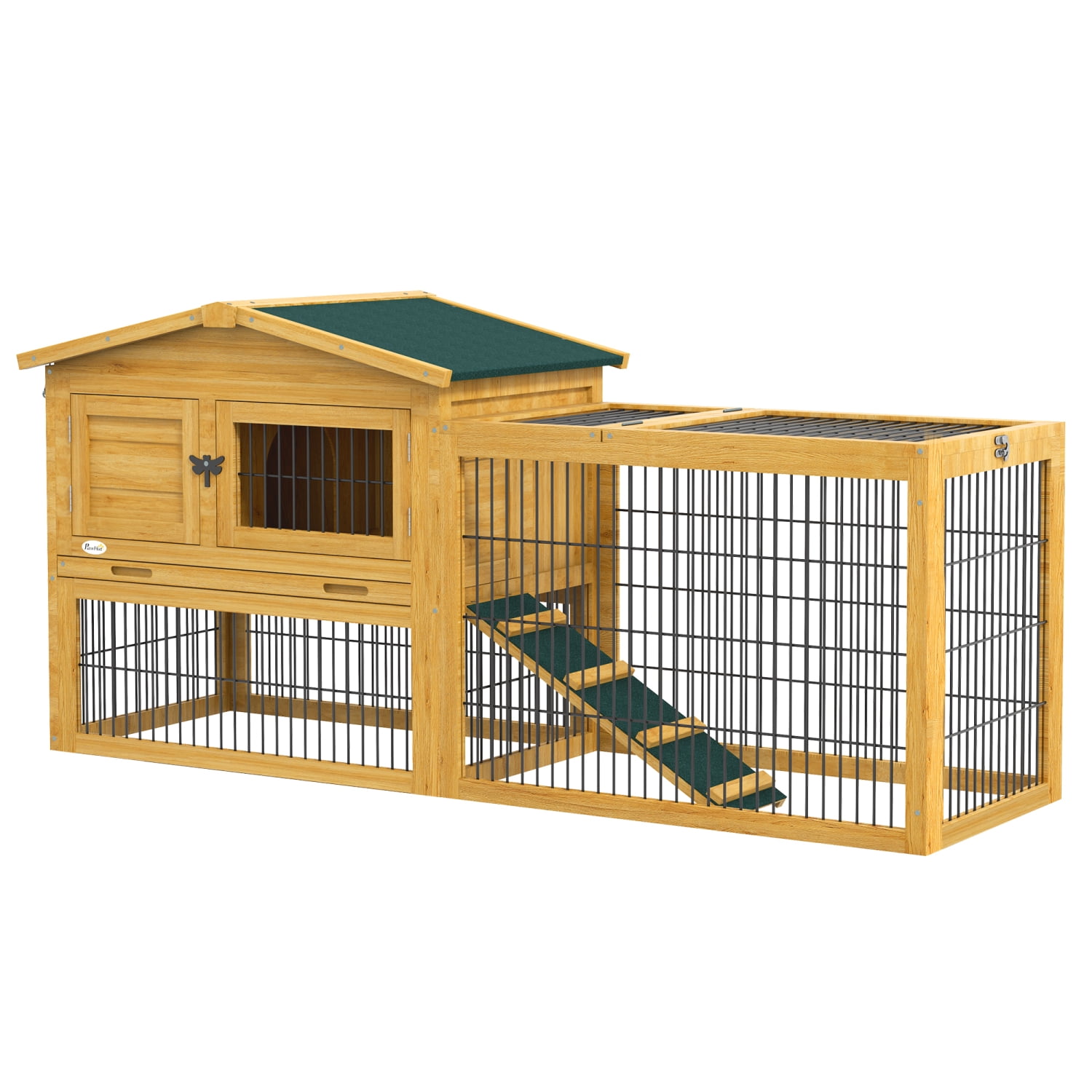 PawHut 2 Levels Outdoor Rabbit Hutch with Openable Top 59” Wooden Large ...