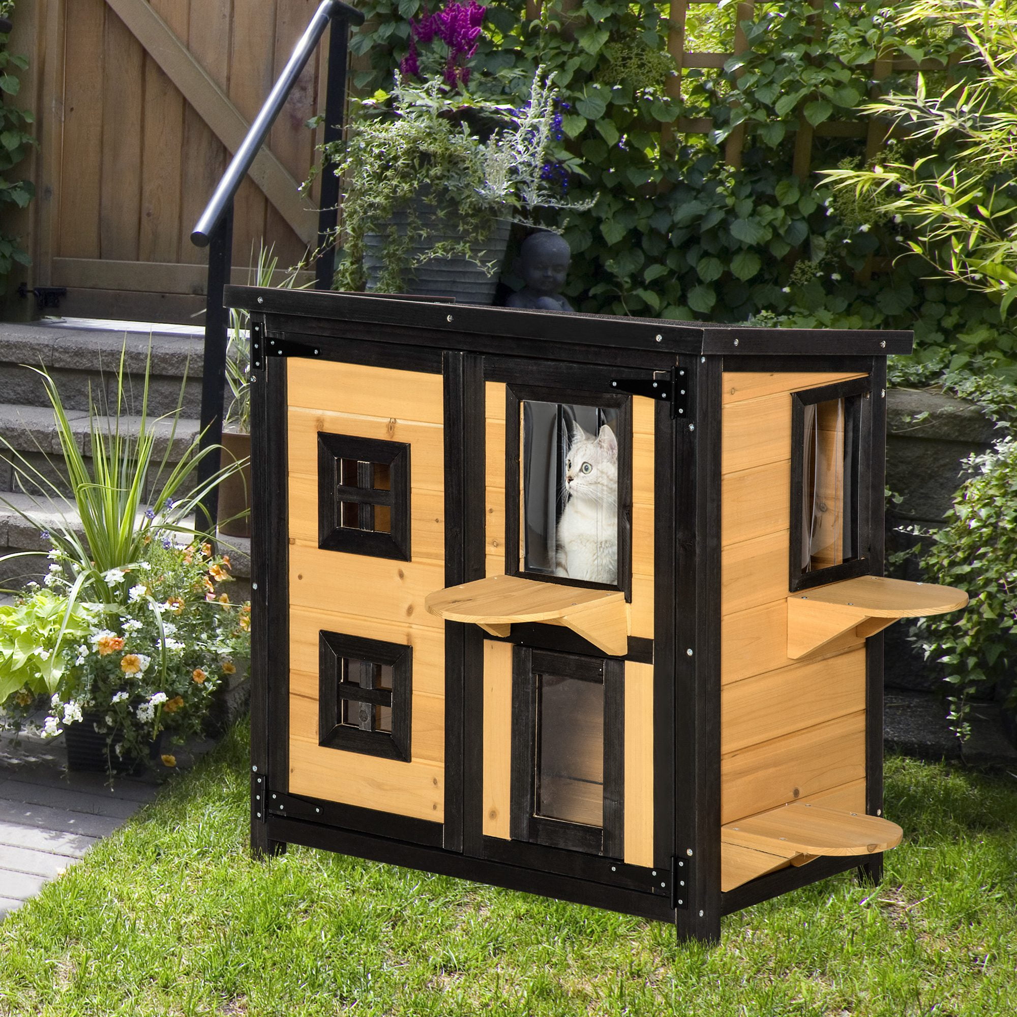 PawHut 2-Tier Outdoor Cat House: Weather Resistant, Escape Door, Window ...
