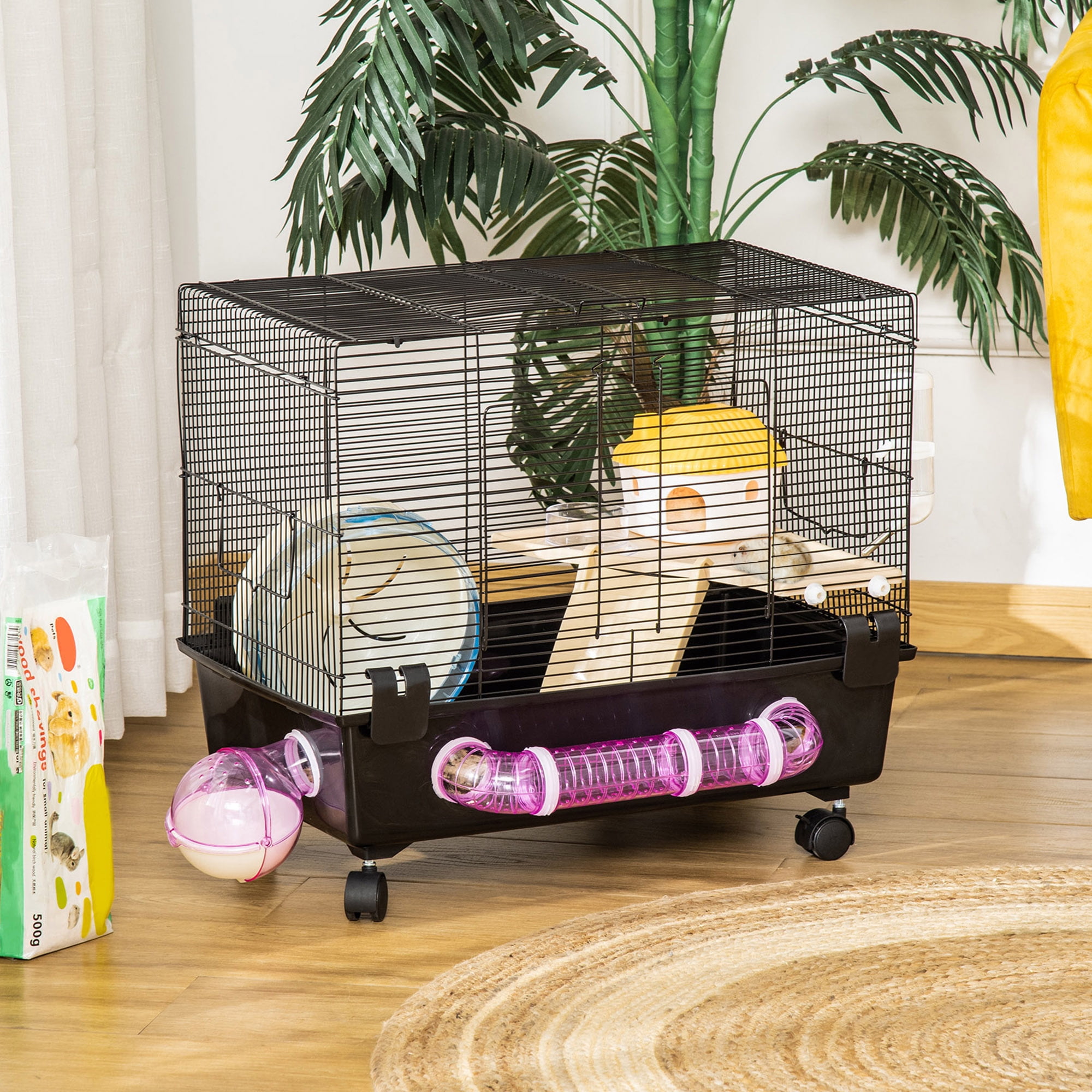 PawHut 4-Tier Hamster & Guinea Pig Cage with Wheel, Bottle, Dishes for ...