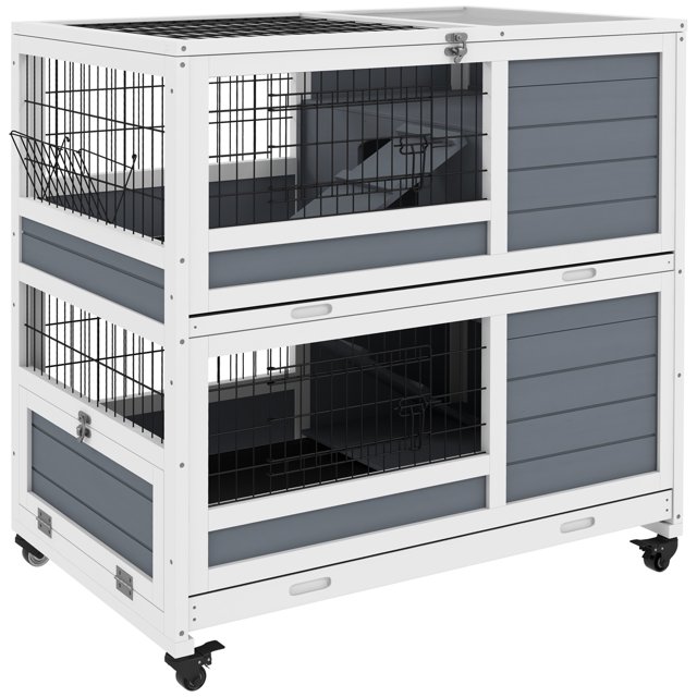 PawHut 2-Tier Indoor Rabbit Hutch with Wheels & Feeding Trough, Gray ...