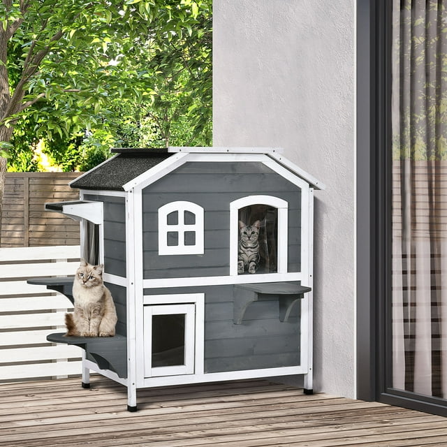 PawHut 2-Story Indoor Cat House, Weatherproof Wood, Covered Shelter ...