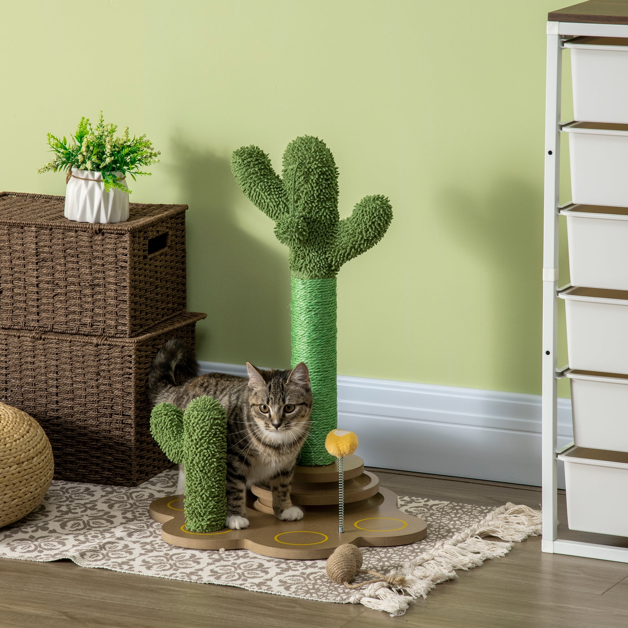 PawHut Cactus Cat Scratching Post, Climbing Pet Toy with Turntable for ...