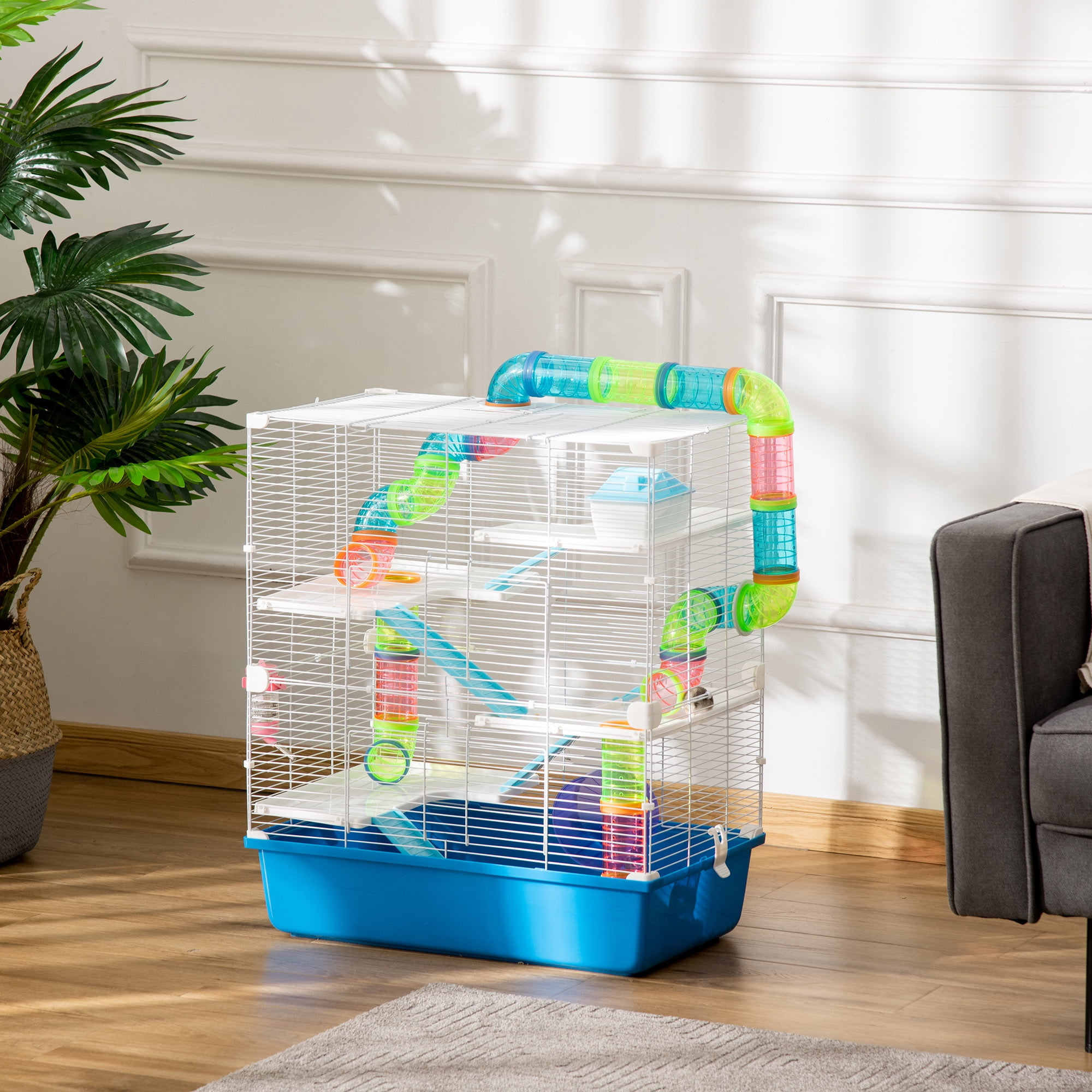 PawHut 23-inch 5-Tier Hamster Cage, Blue, with Wheel, Water Bottle ...