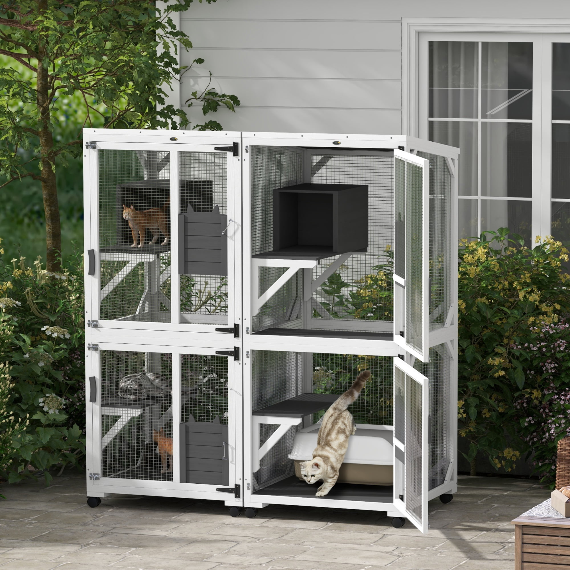 PawHut 2PCs Wooden Catio with Waterproof Roof, Resting Box, Wheels ...