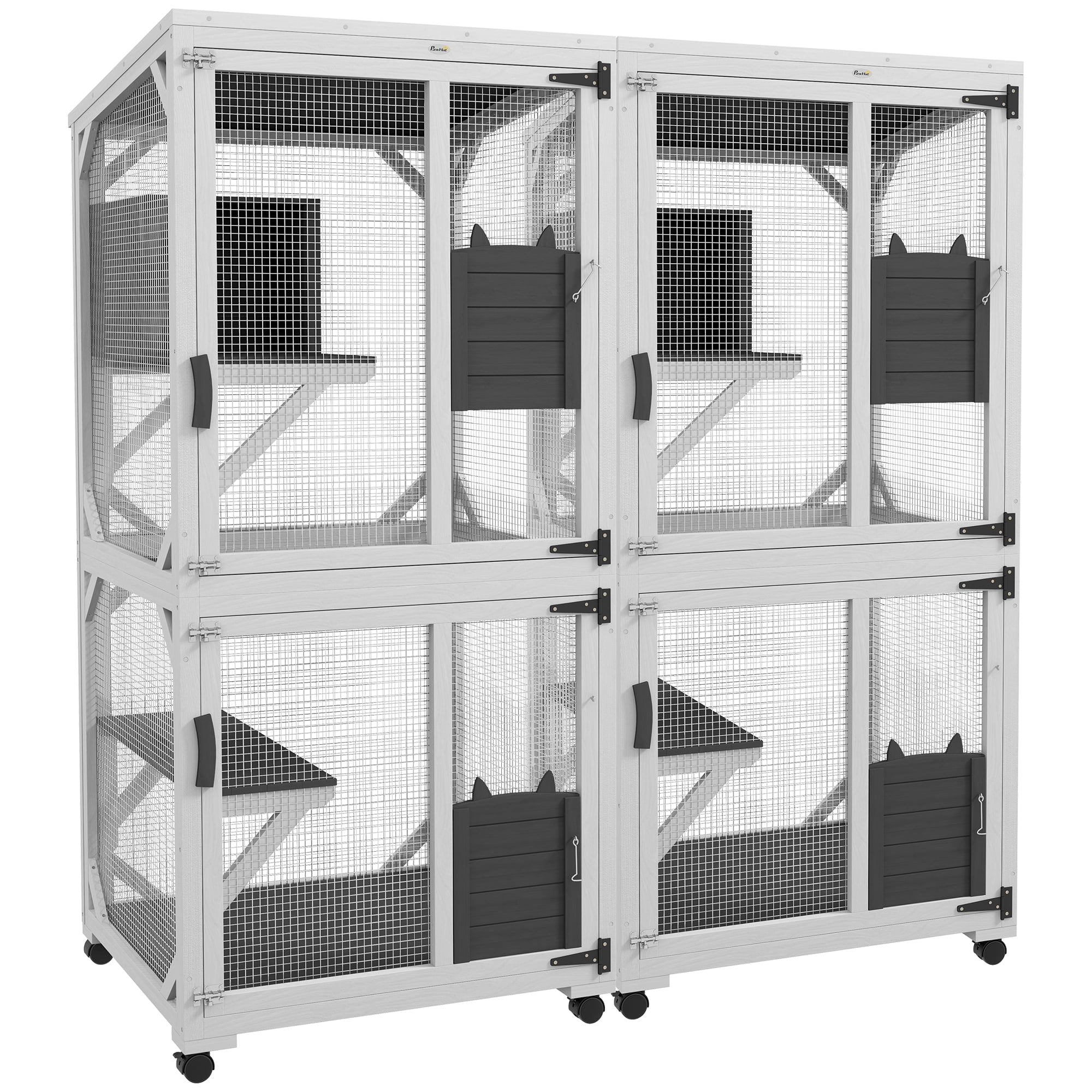 PawHut 2PCs Wooden Catio with Waterproof Roof, Resting Box, Wheels ...