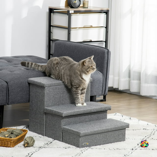PawHut 3-Step Pet Stairs with Storage, Dog Steps for Couch, Bed, Gray ...