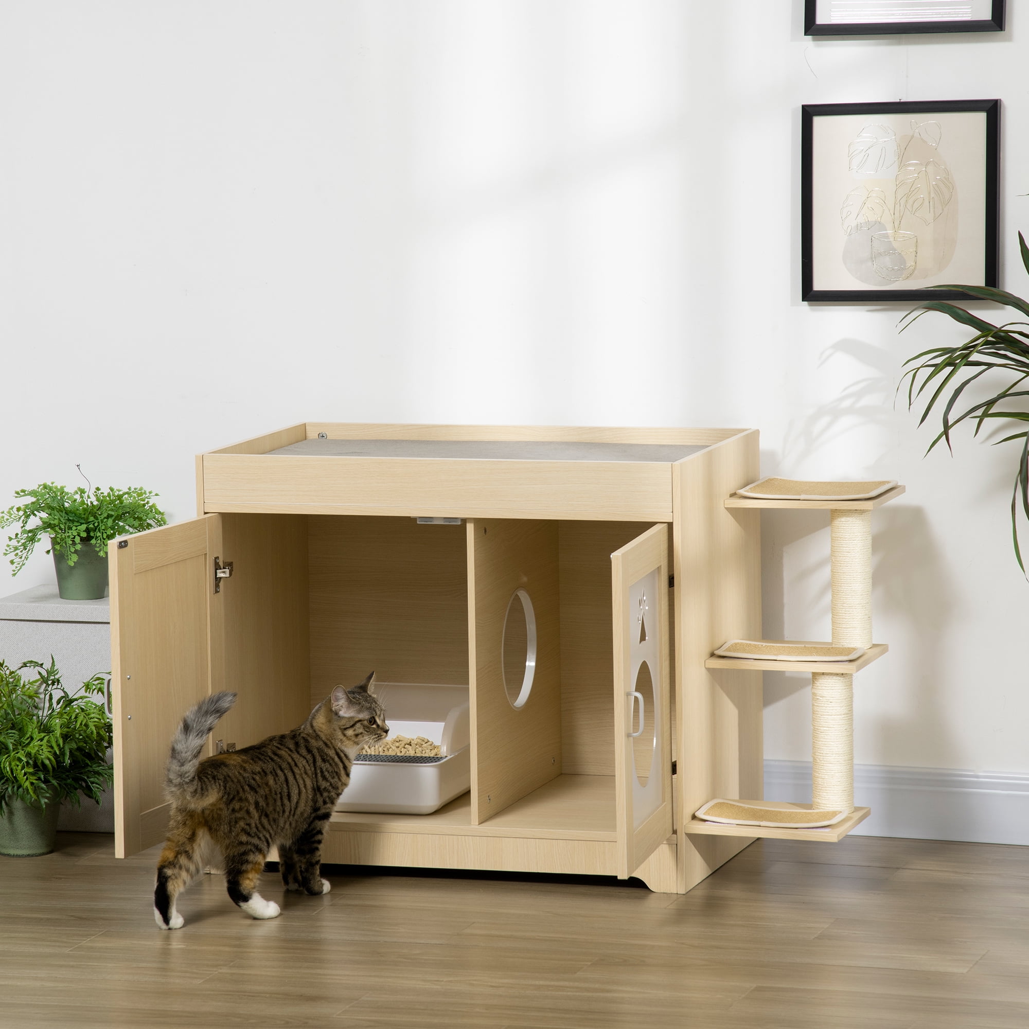 PawHut 3-in-1 Cat Litter Box Enclosure & Elevated Cat Bed Tree with ...