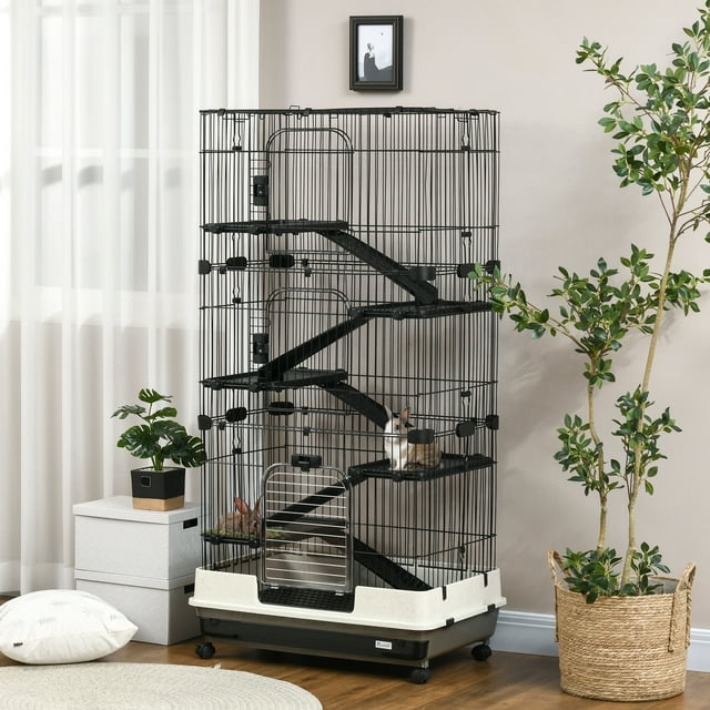 PawHut 32"L 6-Level Small Animal Cage with Lockable Wheels, Tray, Black ...
