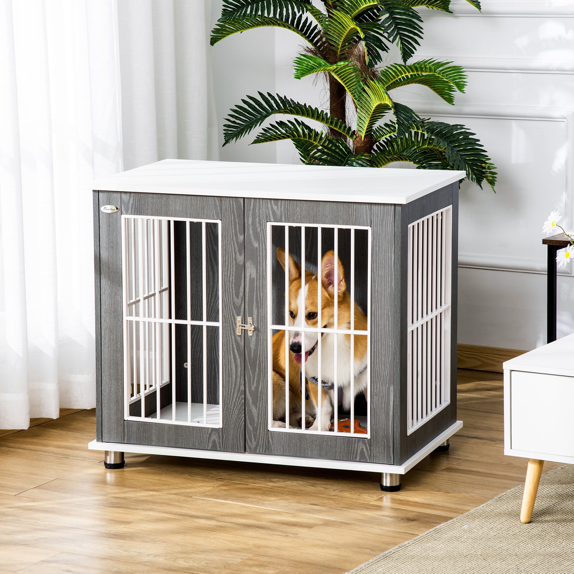 PawHut 34'' 2-in-1 Wooden Dog Kennel, Modern Wire Animal Crate, Pet ...