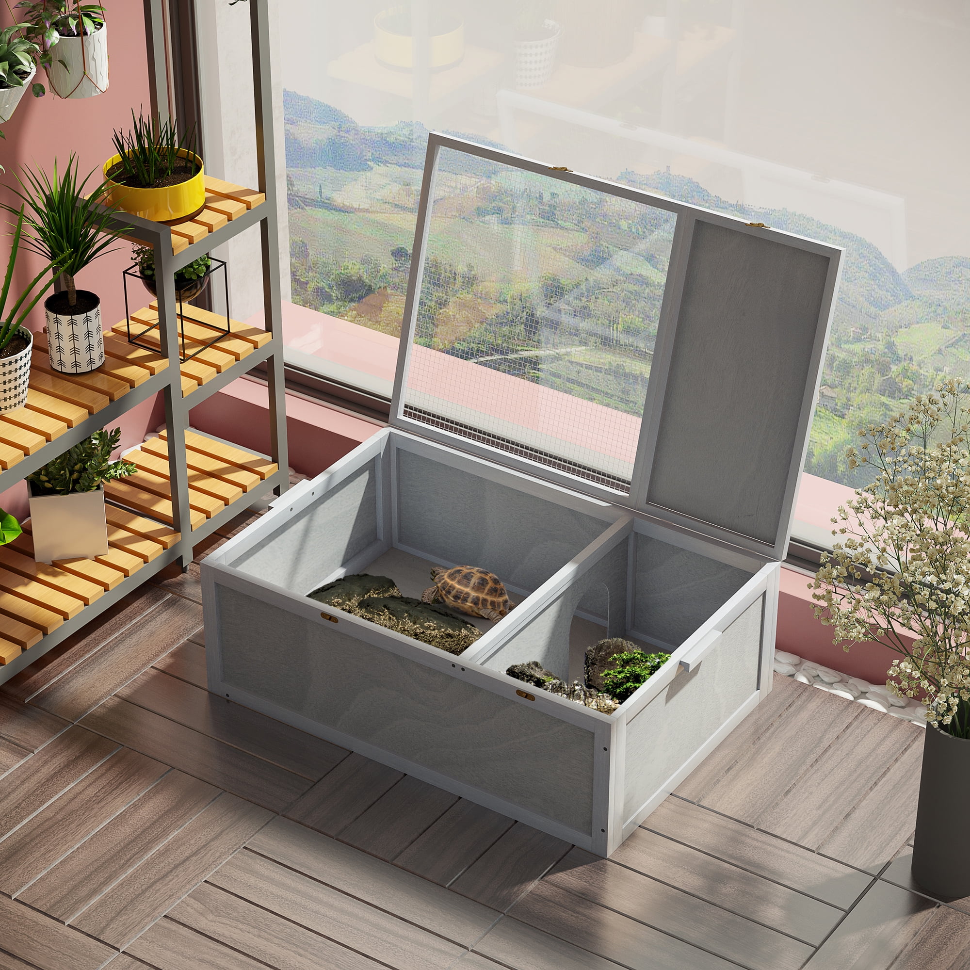 PawHut Large Indoor Tortoise House, 37" Wooden Two-Room Design, Grey ...