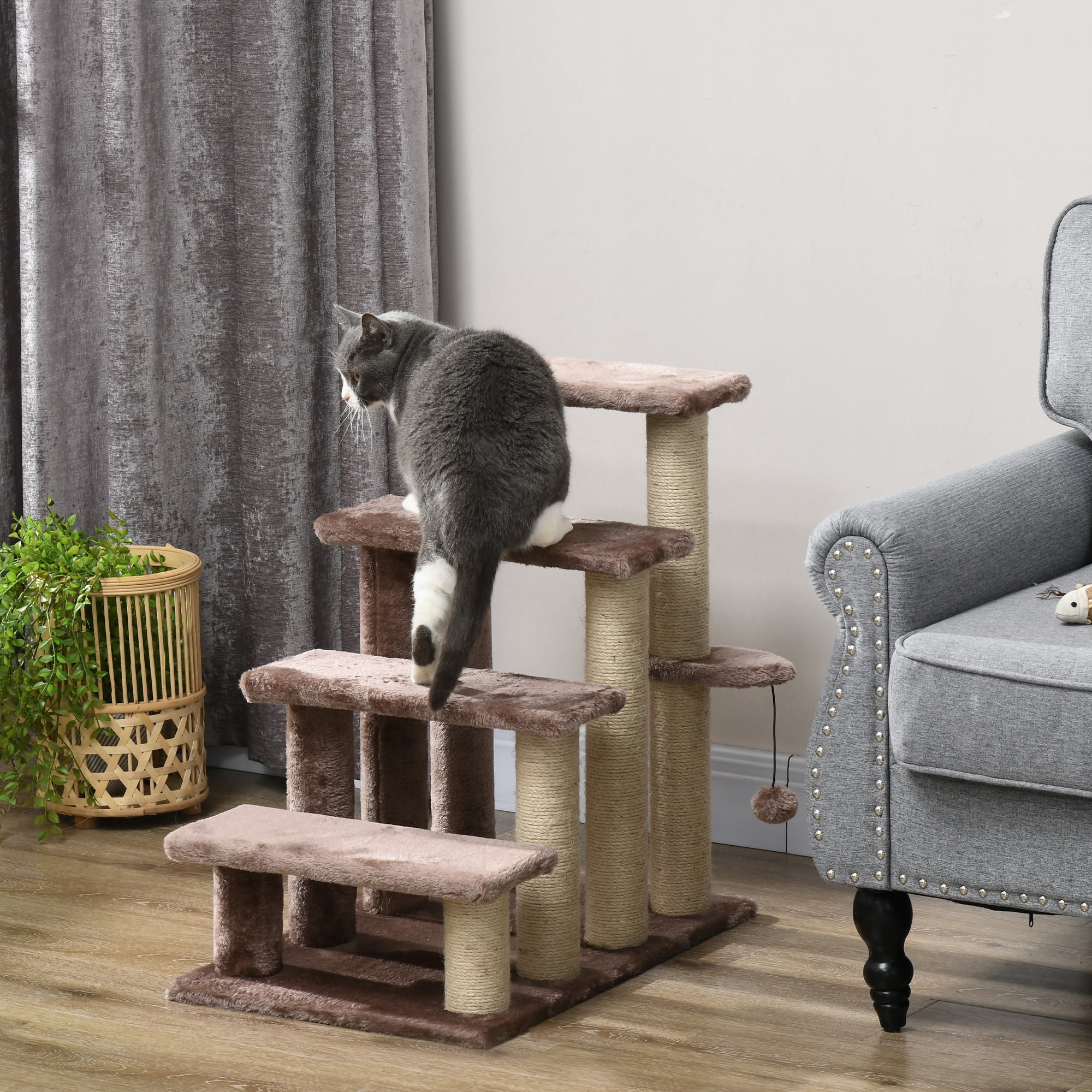 PawHut 4 Levels Cat Steps, Pet Stairs Carpeted Ladder, Kitten Tree ...