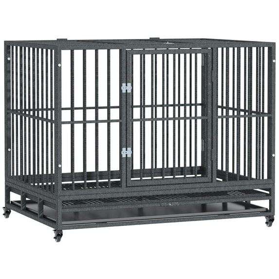 PawHut 43" Heavy Duty Dog Crate Metal Cage Kennel with Lockable Wheels ...