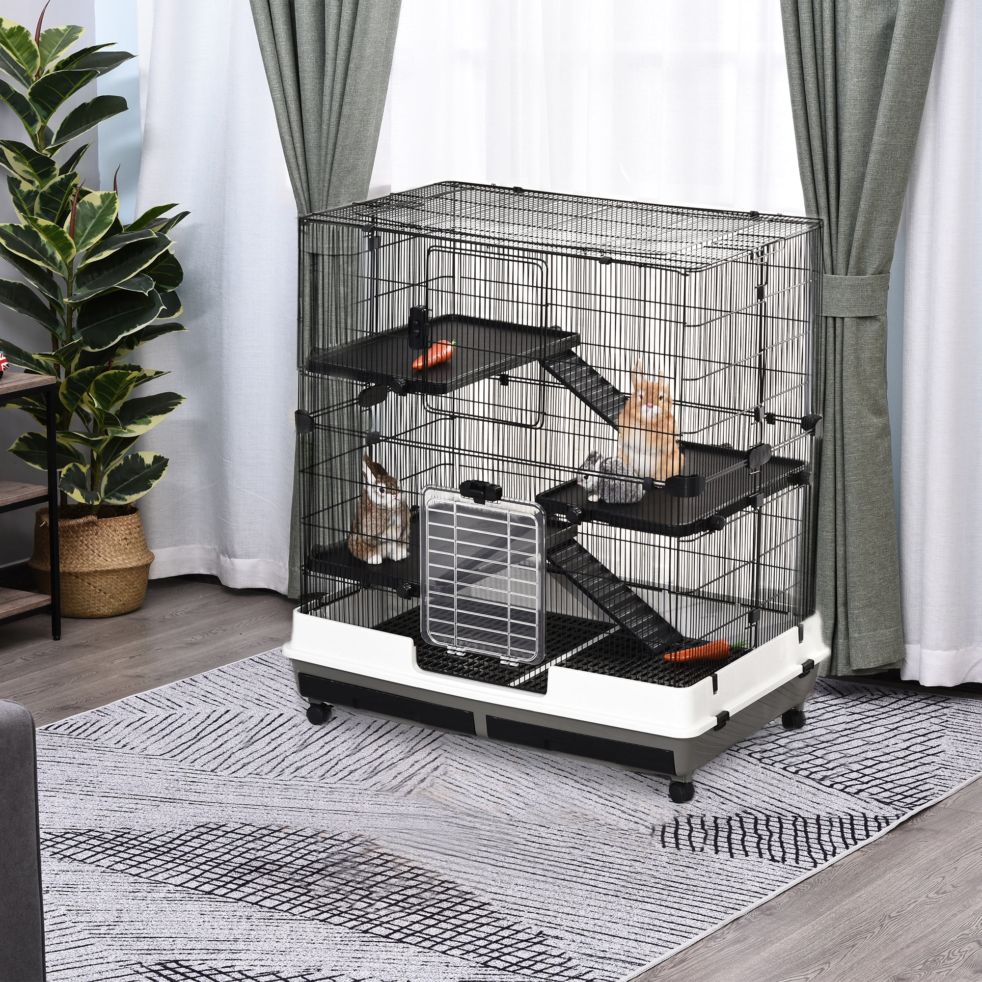 PawHut 43" Small Animal Cage with Wheels, 4-Level Portable Bunny Cage ...
