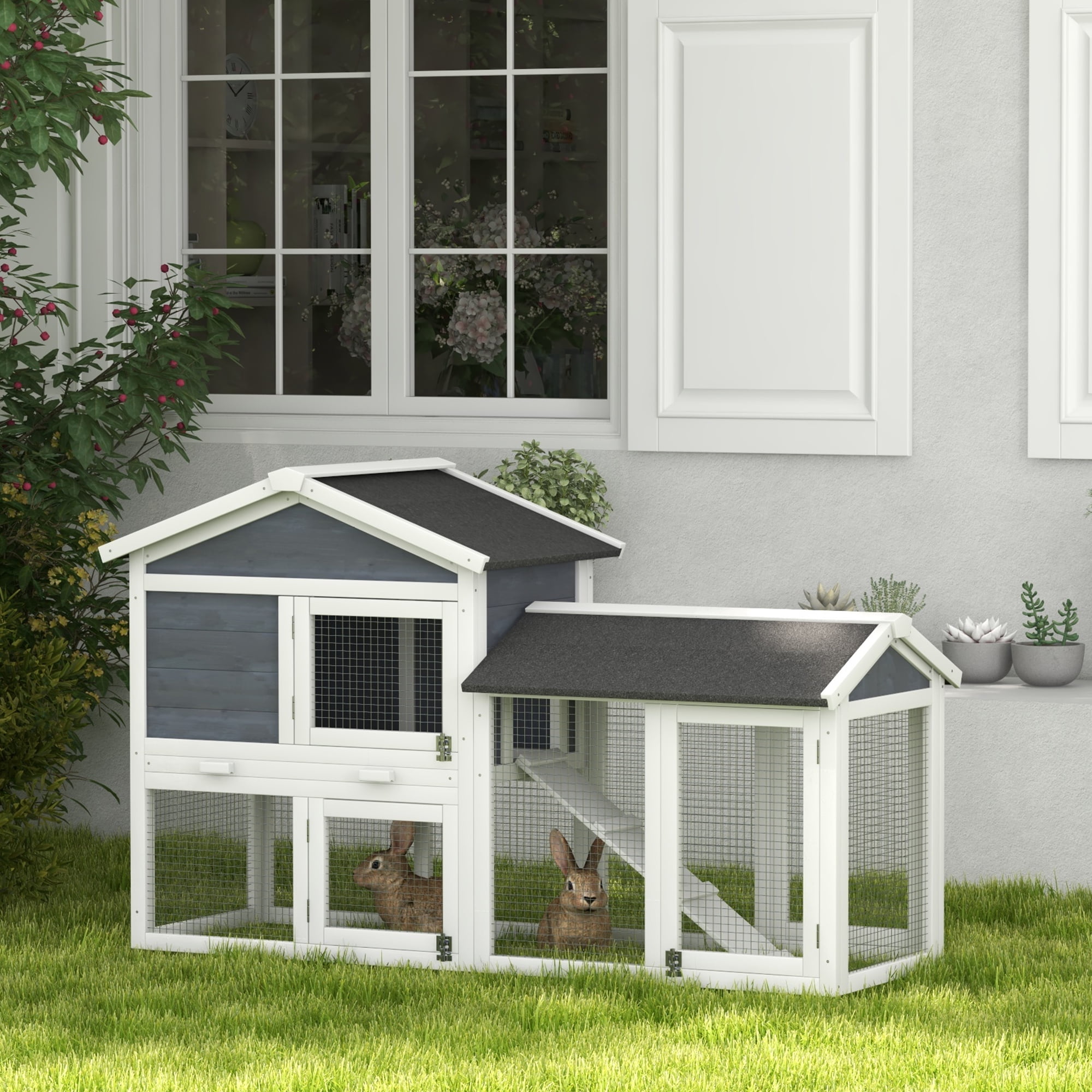 PawHut 58" Wooden Rabbit Hutch, Removable Tray, Asphalt Roof, Gray, 57. ...