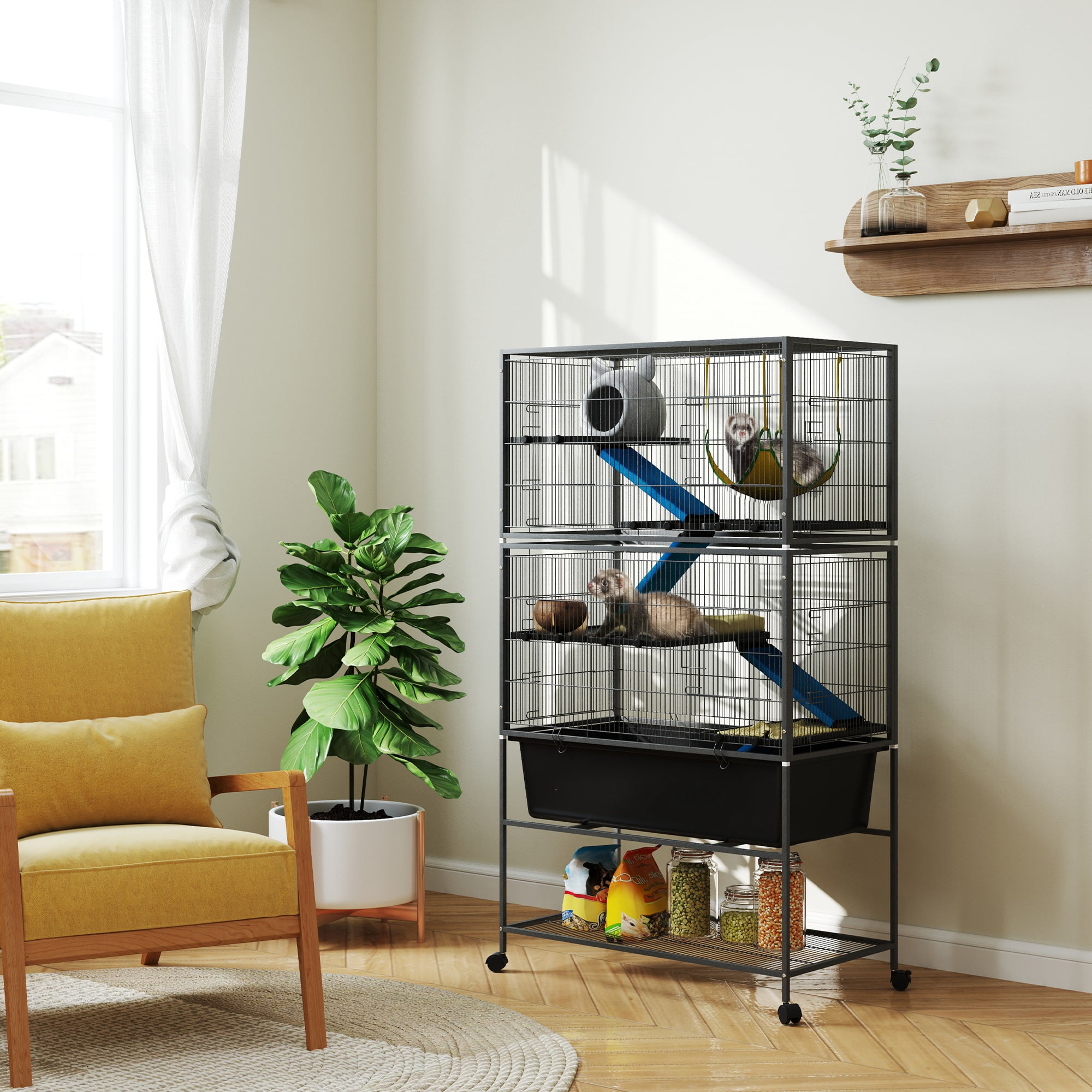 PawHut 59" 5-Level Small Animal Cage, Rolling Ferret Chinchilla Cage ...