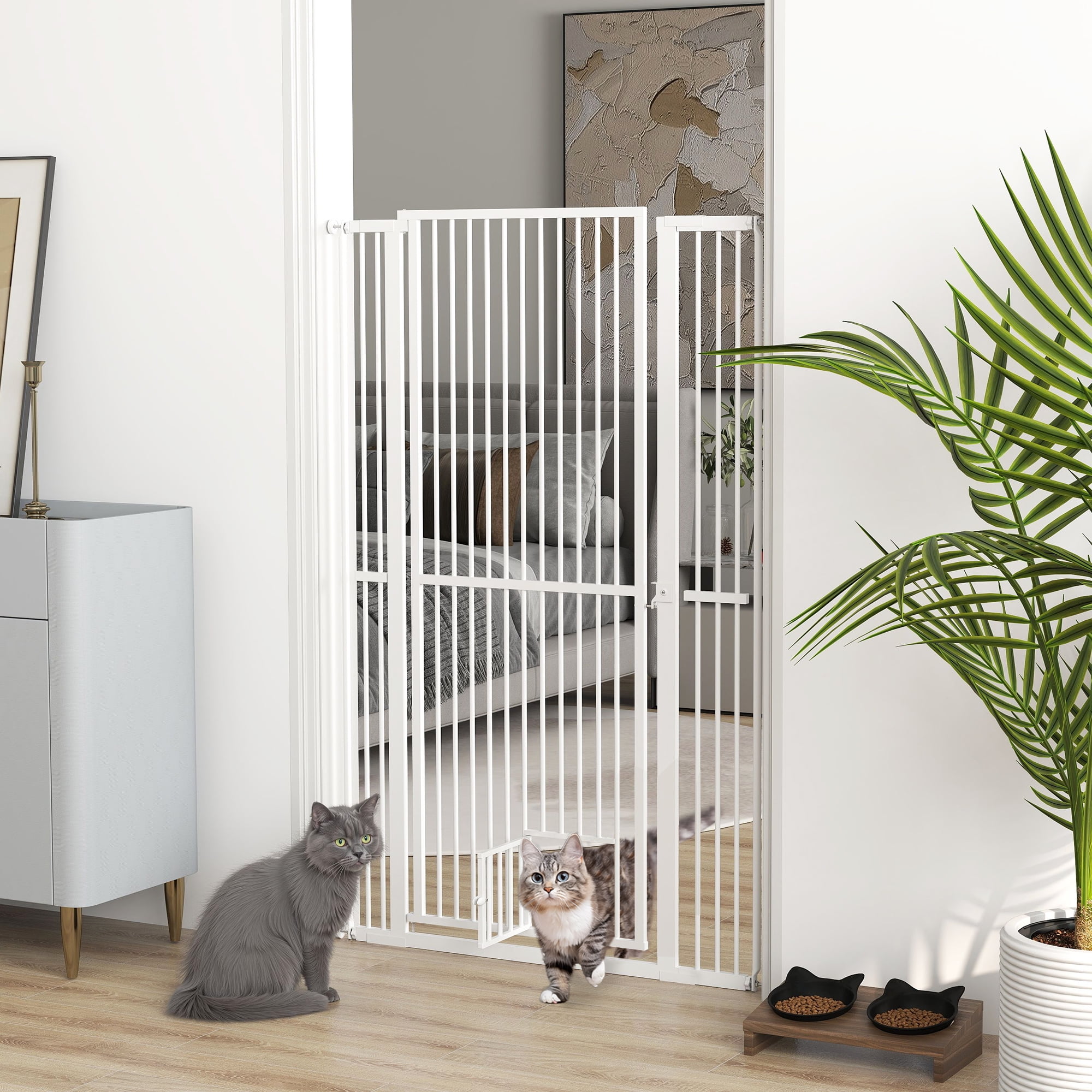 PawHut 59" Extra Tall Pet Gate for Cats, 30"-41" Dog Gate with Cat Door ...