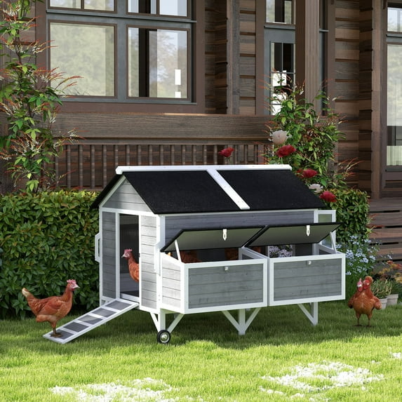 PawHut 59" Wooden Chicken Coop, Mobile Chicken Tractor with Wheels ...