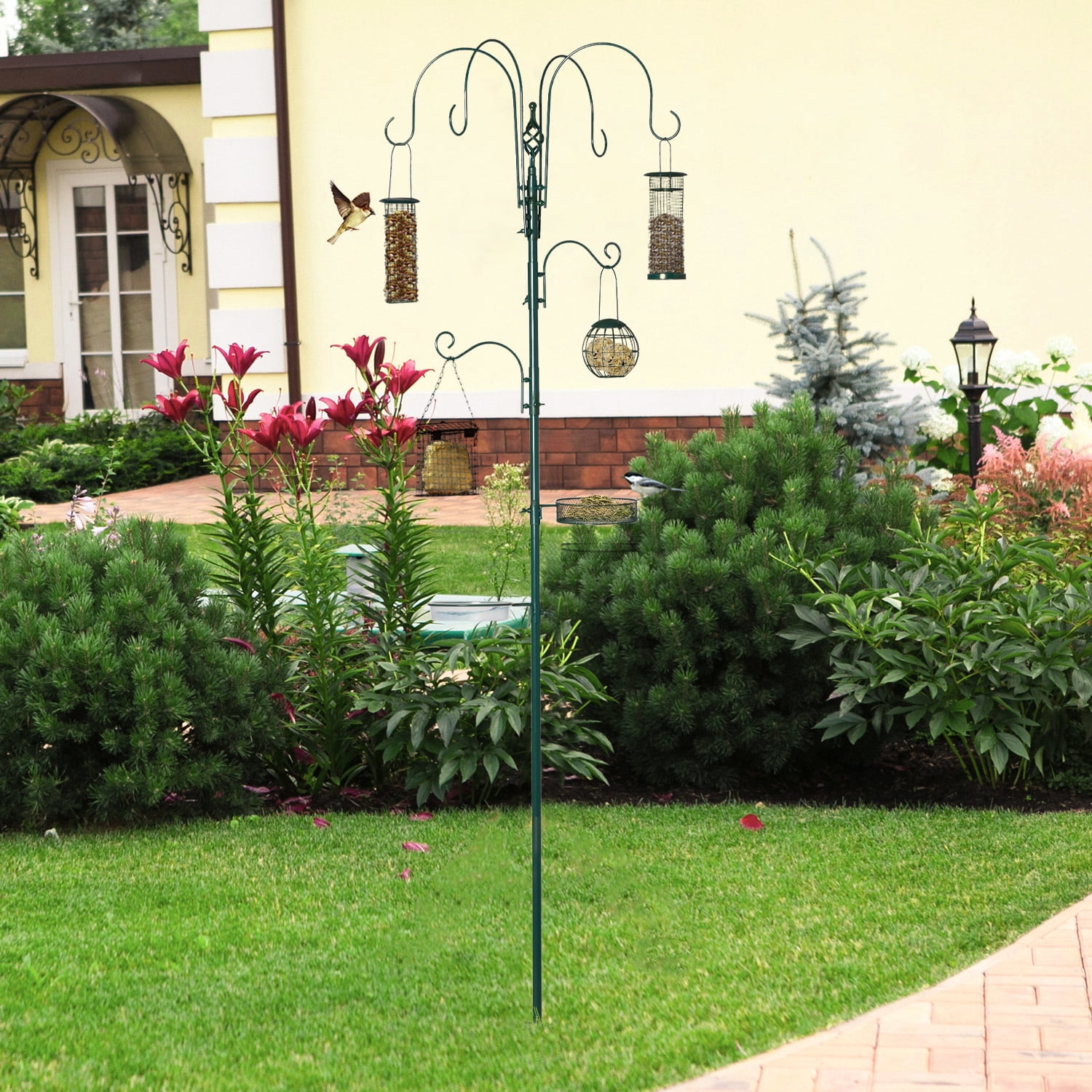 PawHut 6 Hook Feeding Station, Steel Multi-Feeder Kit Stand with 4 Bird ...