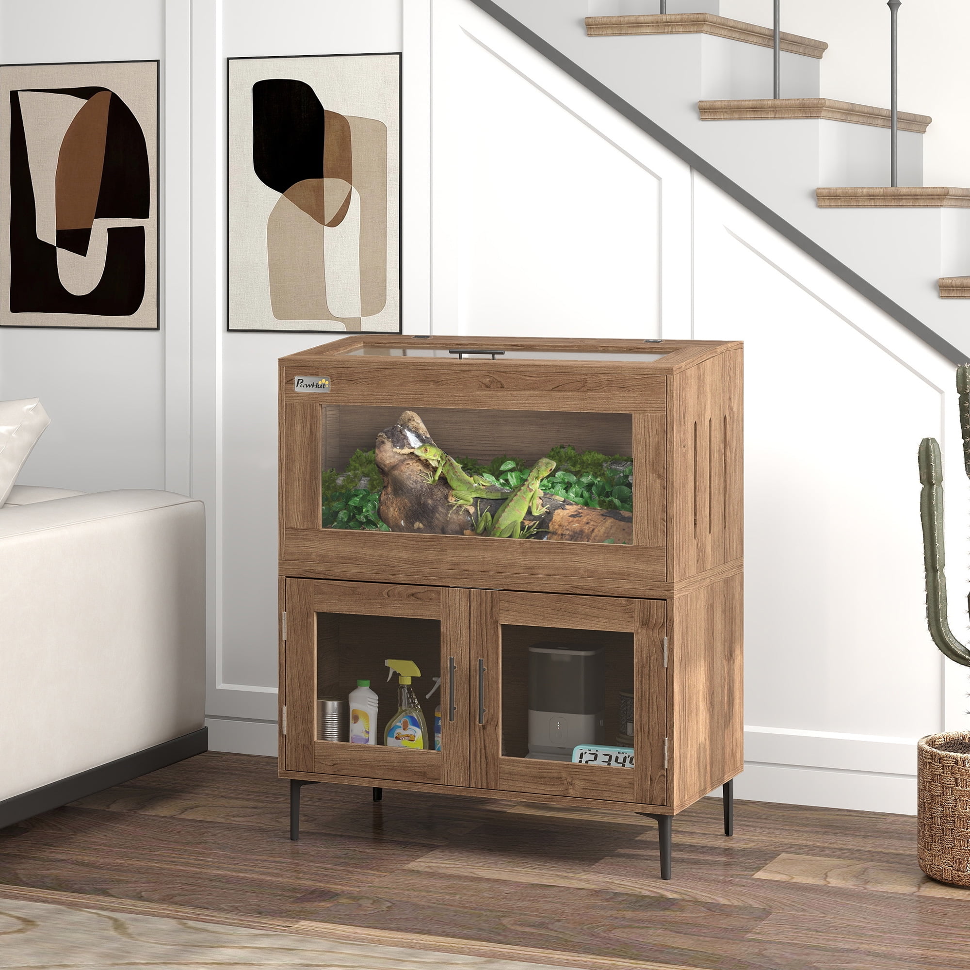 PawHut 30 Gallon Stackable Reptile Tank with Storage Cabinet, Top ...