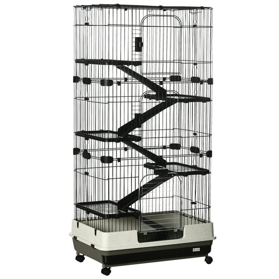 PawHut 60" Small Animal Cage with Wheels, 6-Level Portable Bunny Cage ...
