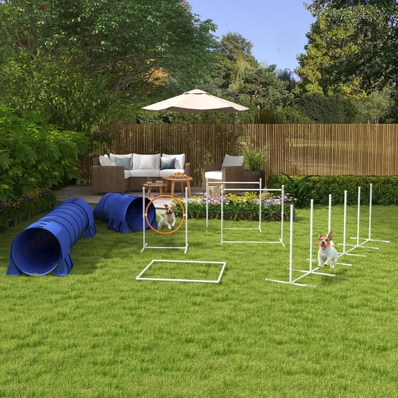 PawHut 7 Piece Dog Agility Training Equipment W/ Tunnels, Weave Poles ...