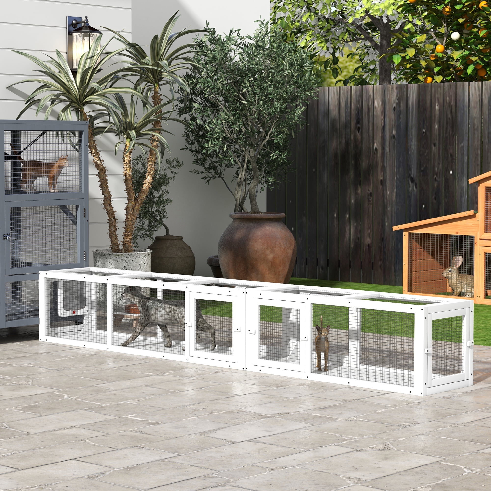 "PawHut Outdoor Pet House, 98"" Combinable Cat Tunnel with Doors ...