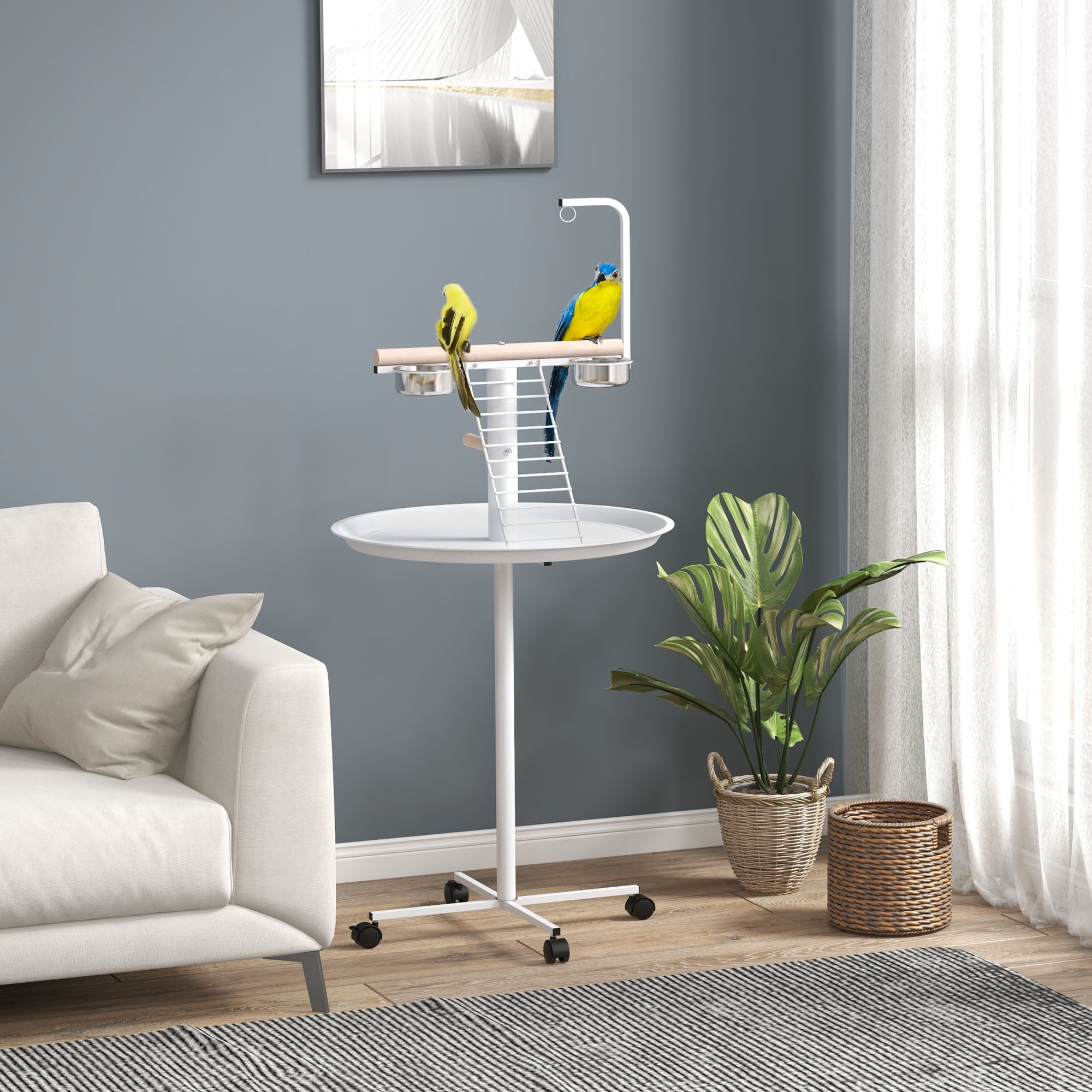 PawHut Bird Stand, Parrot Stand with Wheels, Perches, Stainless Steel ...