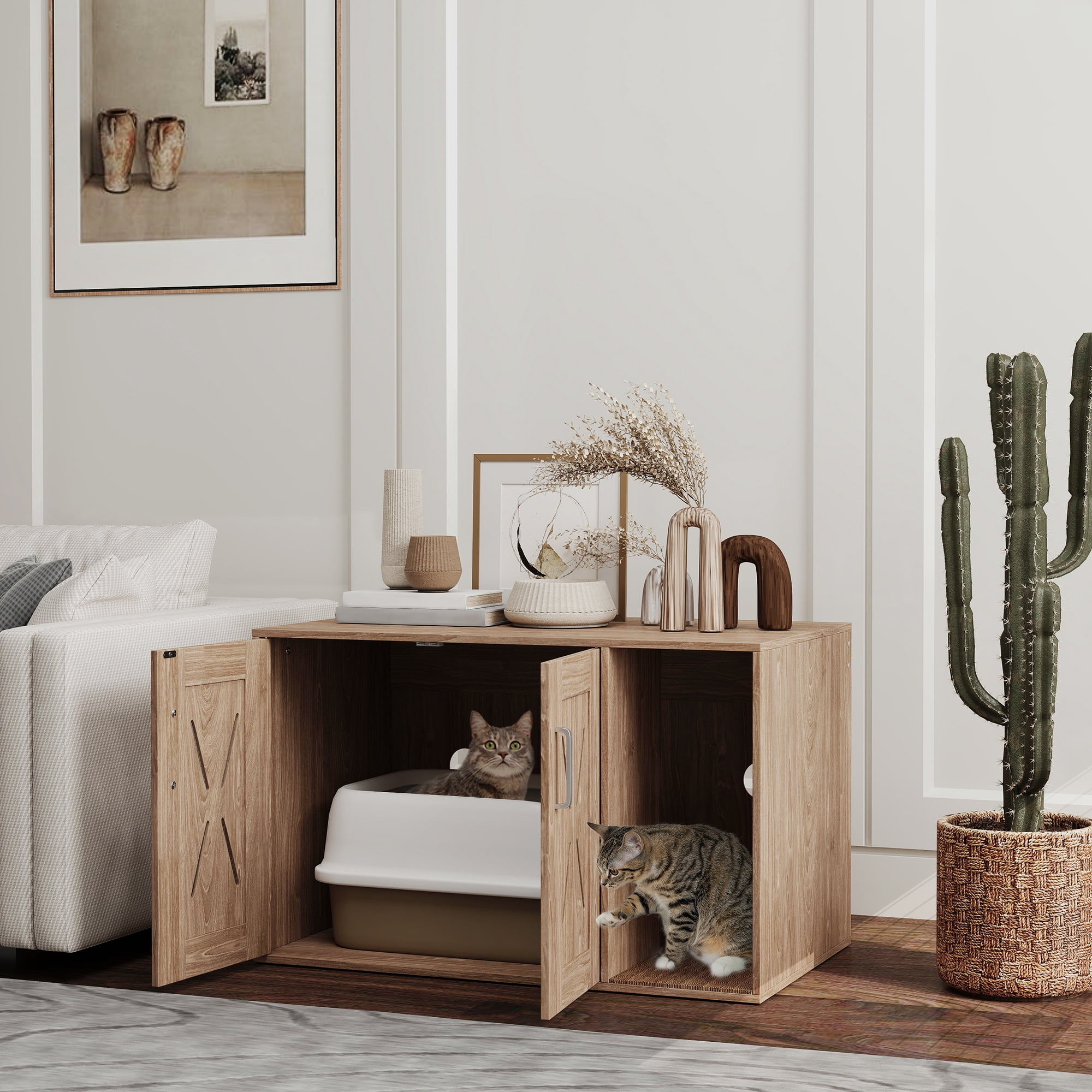 PawHut Cat Litter Box Enclosure, Hidden Litter Box Furniture with ...