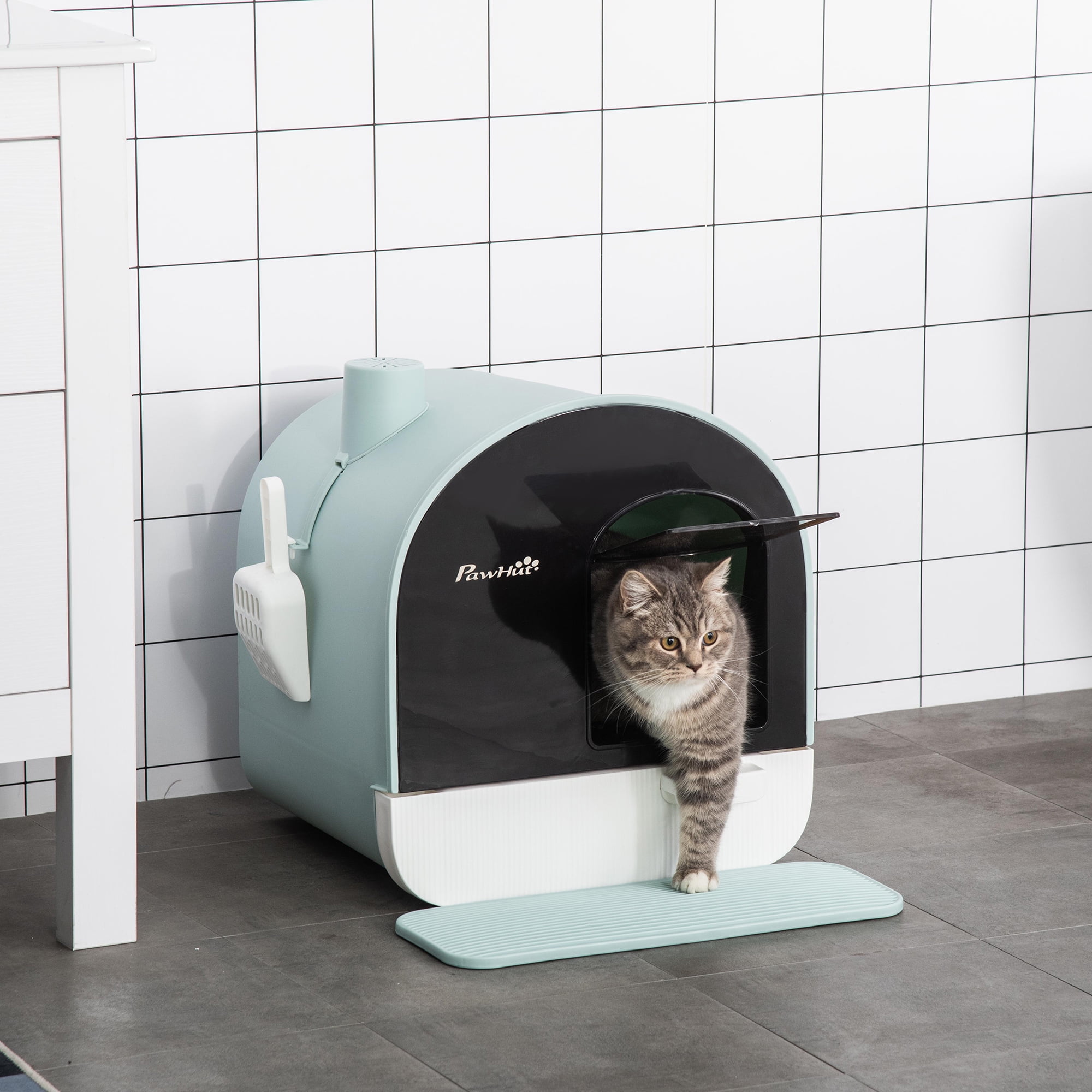 PawHut Small Kitty Plastic Litter Box with Lid, Scoop, Filter, and Mat ...
