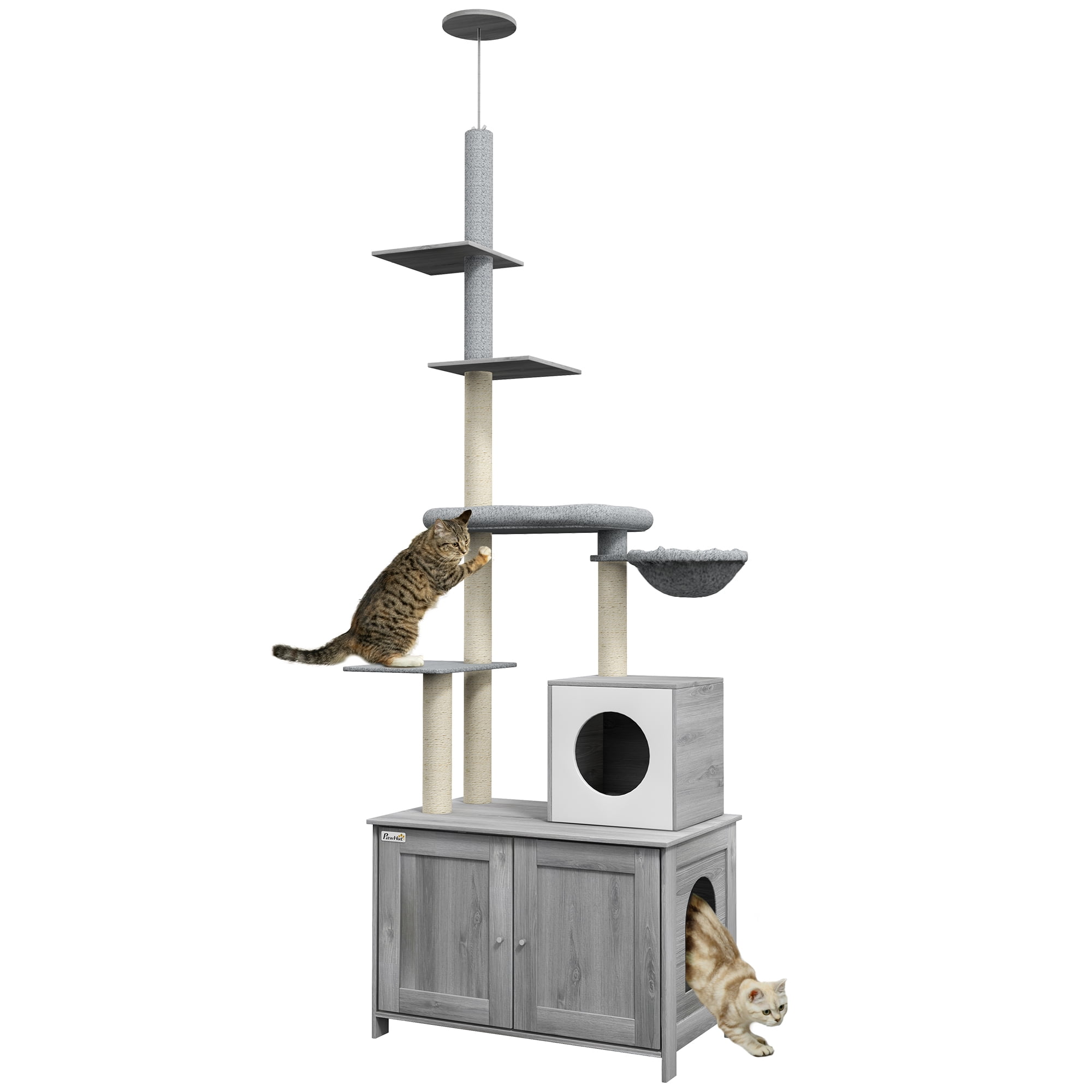 PawHut Cat Tree with Litter Box Enclosure, 2 in 1 Floor to Ceiling Cat ...