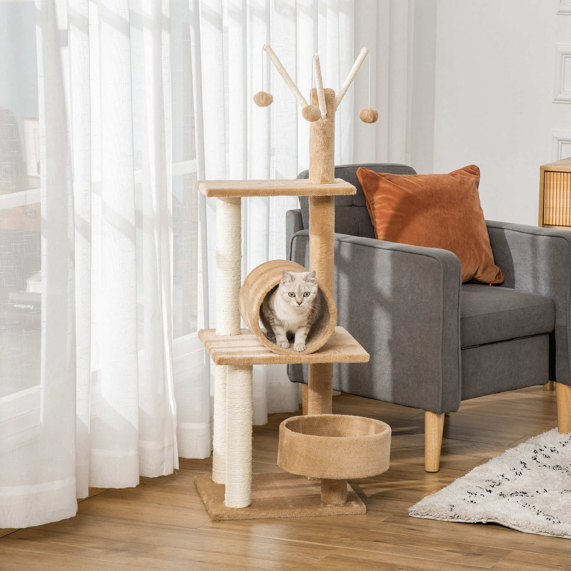 PawHut Cat Tree for Indoor Cats with Scratching Post, 16" x 16" x 48 ...
